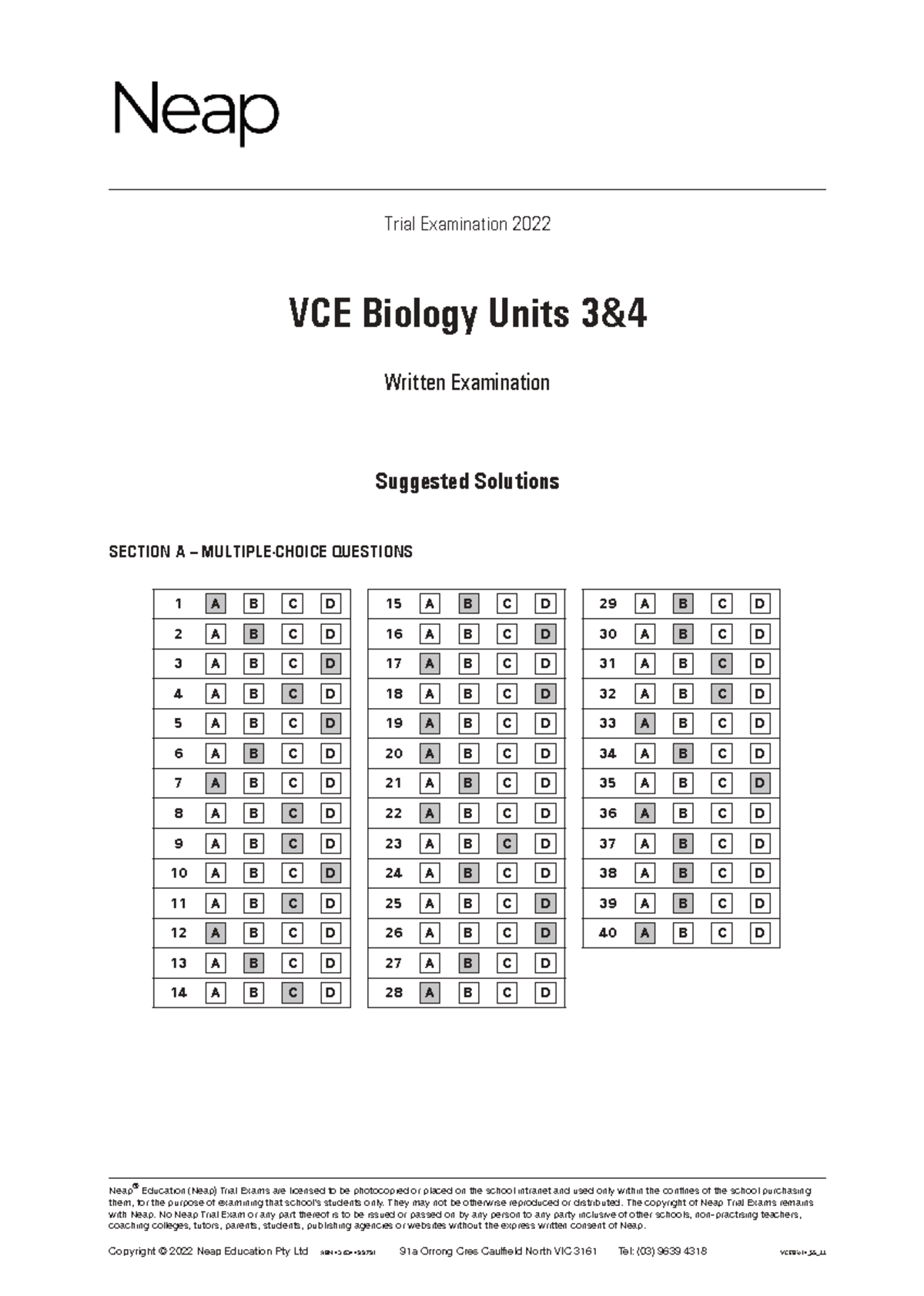 VCE Biology Units 3 & 4 Trial Exam Suggested Solutions 2022 - Studocu