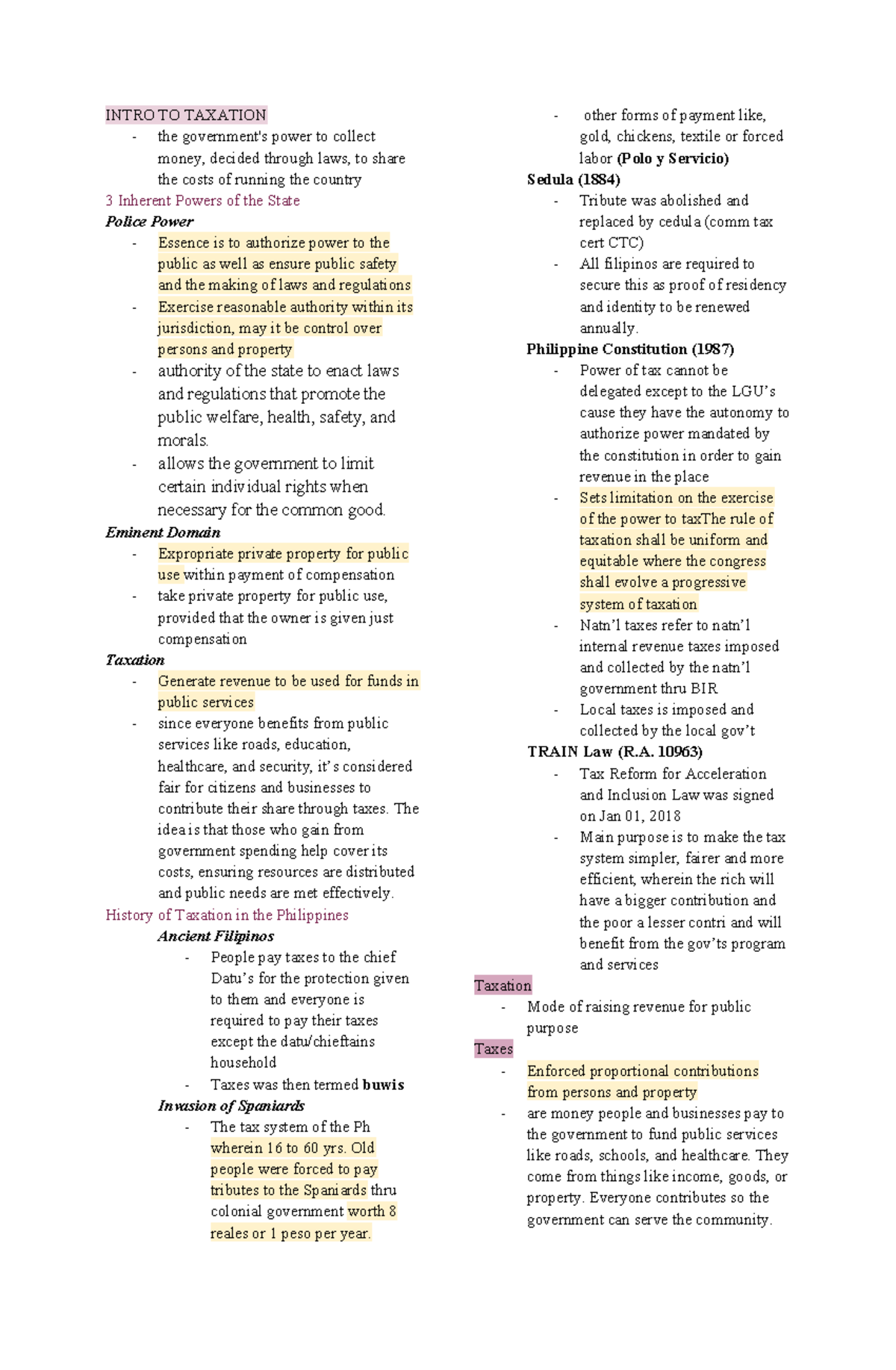 Tax Notes - INTRO TO TAXATION the government's power to collect money ...