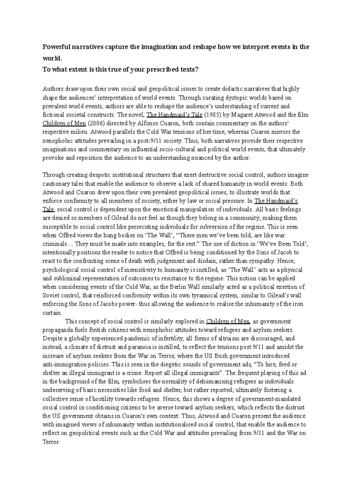 Essay on The Handmaid's Tale & Children of Men - Powerful narratives ...