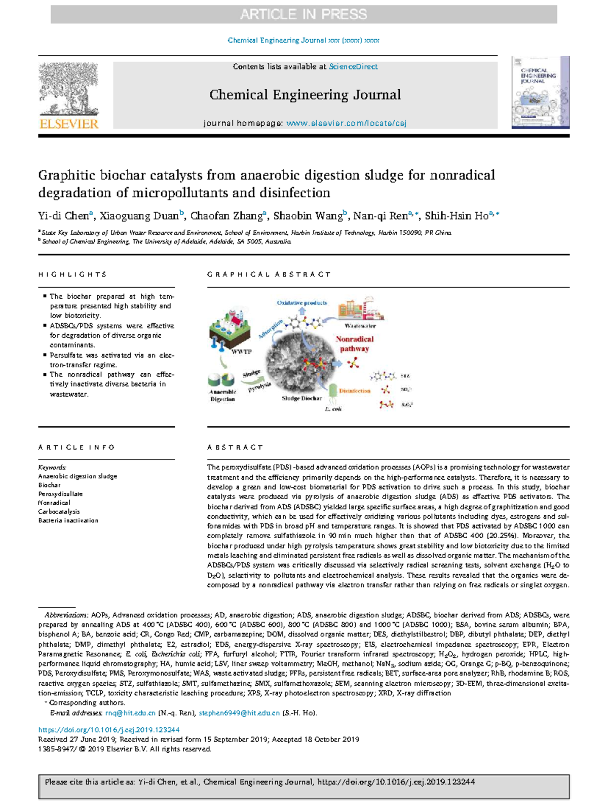 Chemical Engineering Journal: Graphitic Biochar Catalysts for ...