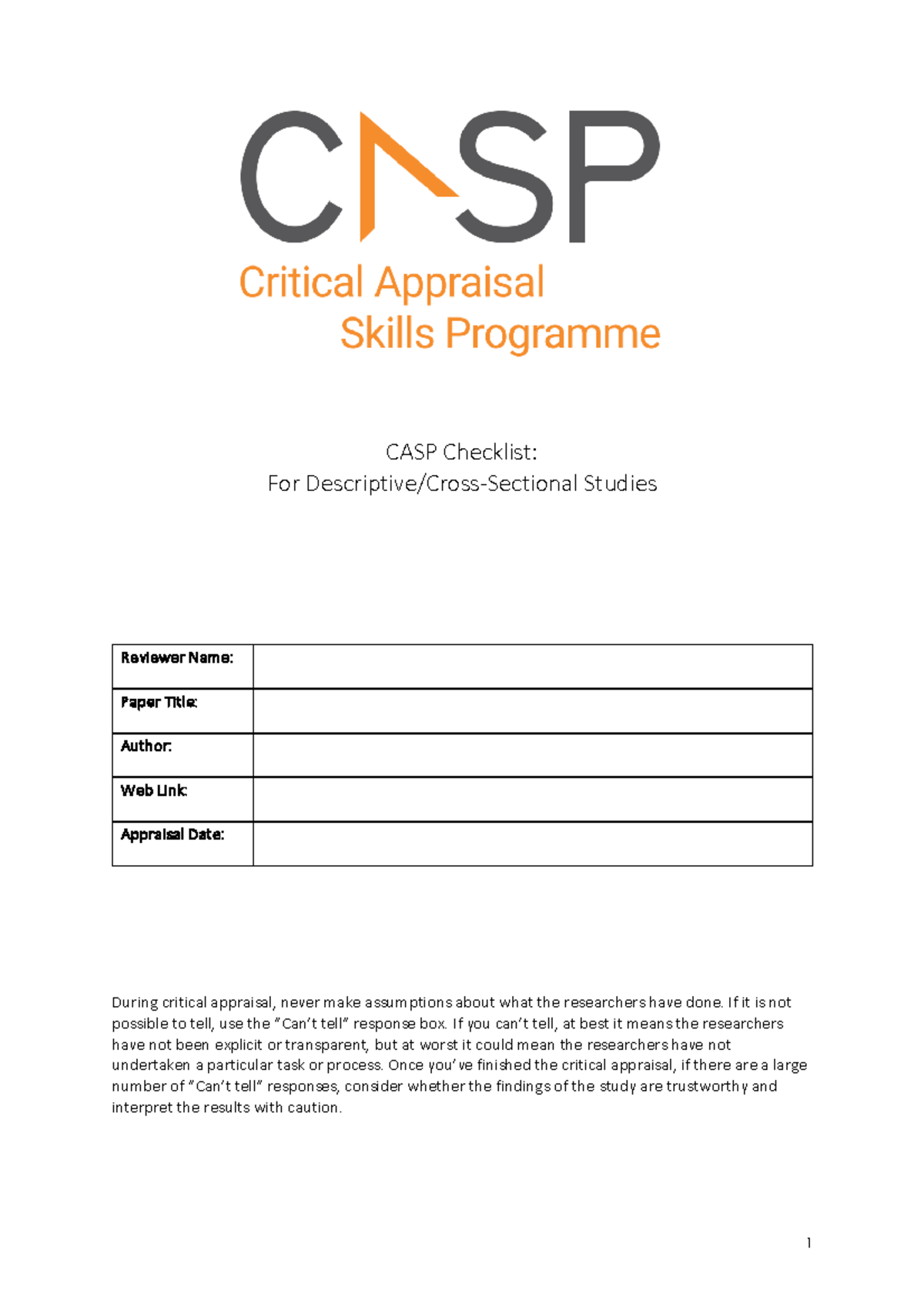 CASP Checklist for Cross-Sectional Study Appraisal 2024 - Studocu