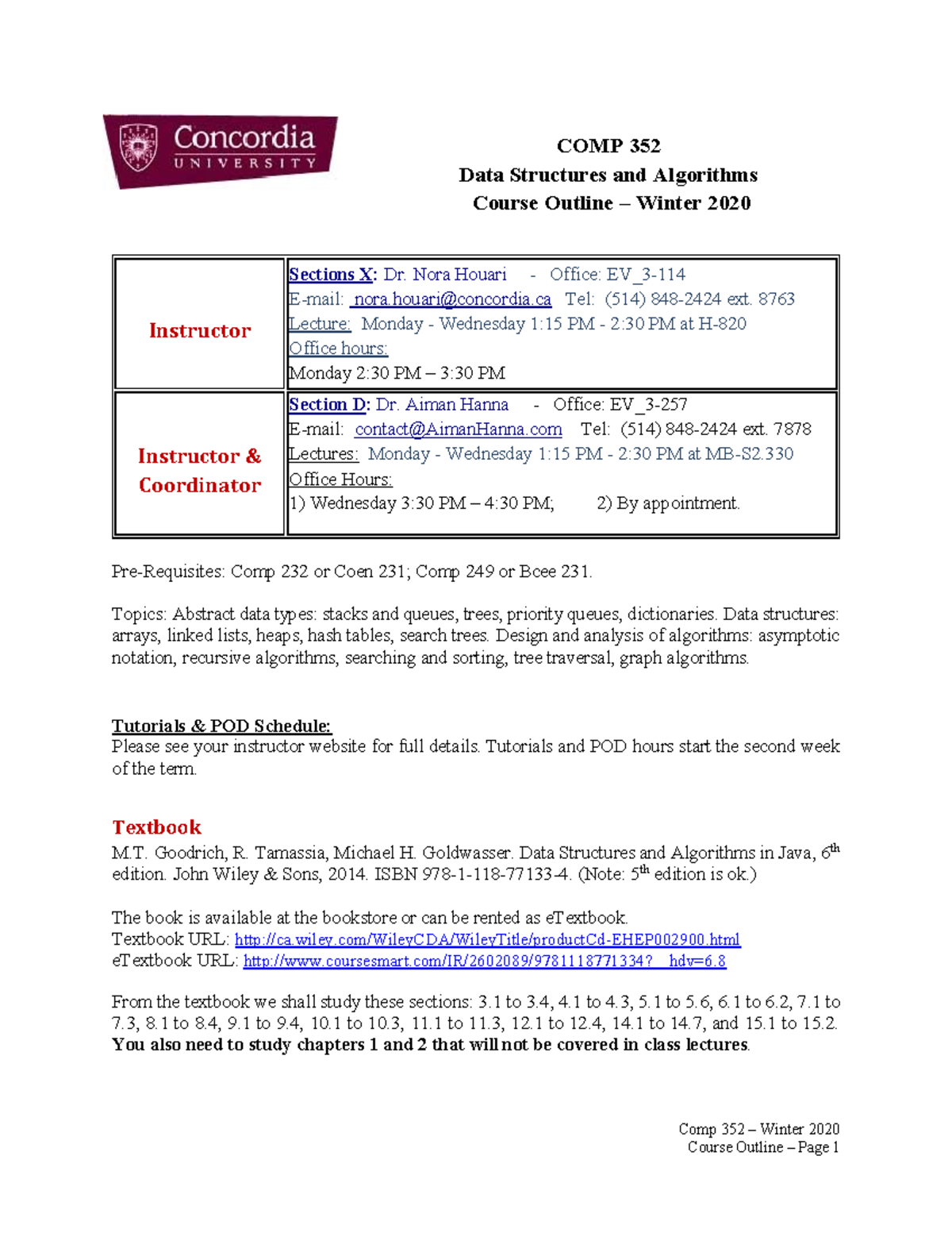 Course Outline For COMP 352 - Comp 352 – Winter 2020 COMP 352 Data Structures and Algorithms ...