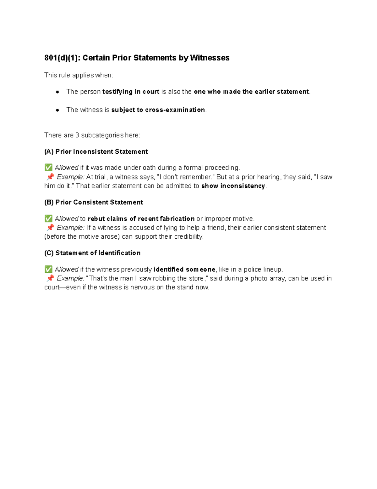 FRE 801(d) - Notes on Prior Statements of Witnesses and Their Use - Studocu