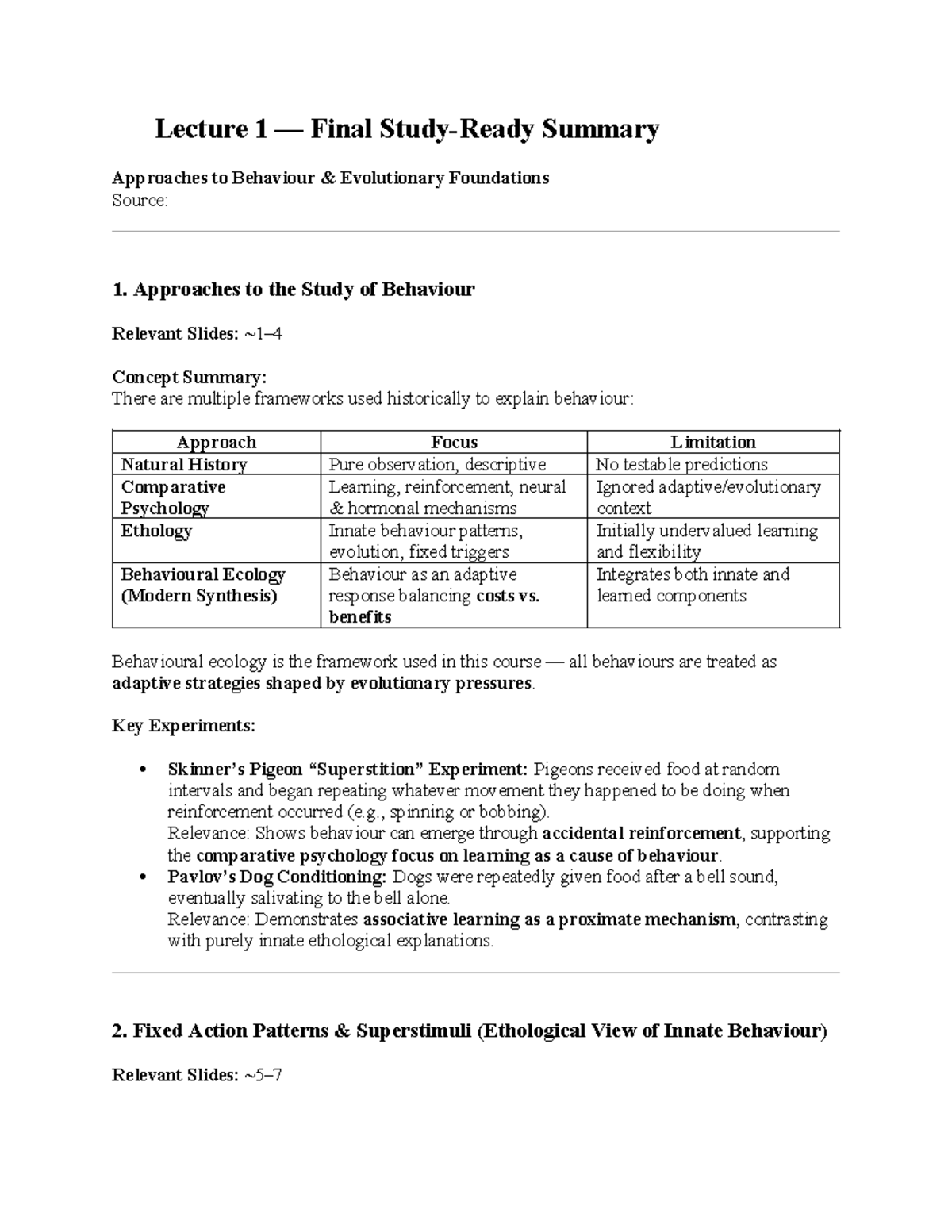 BIOL 354 Midterm Lecture Summary: Approaches to Behaviour Evolution ...