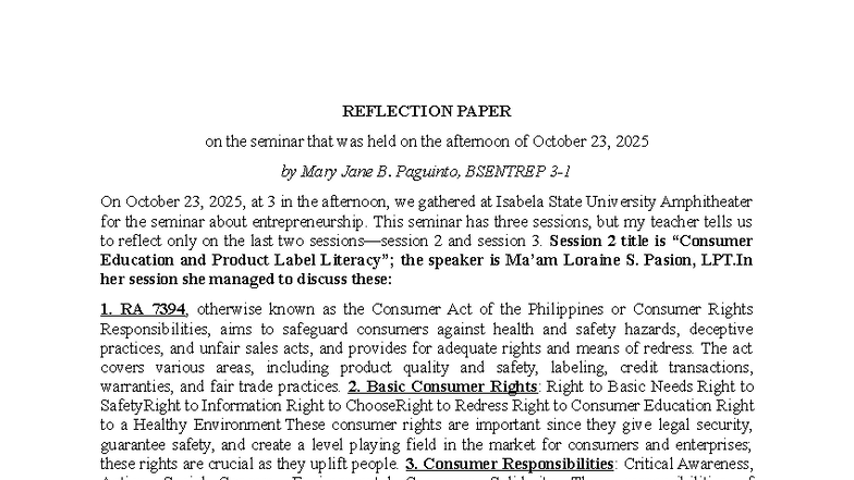 REFLECTION PAPER: Seminar on Entrepreneurship (BSENTREP) - Studocu