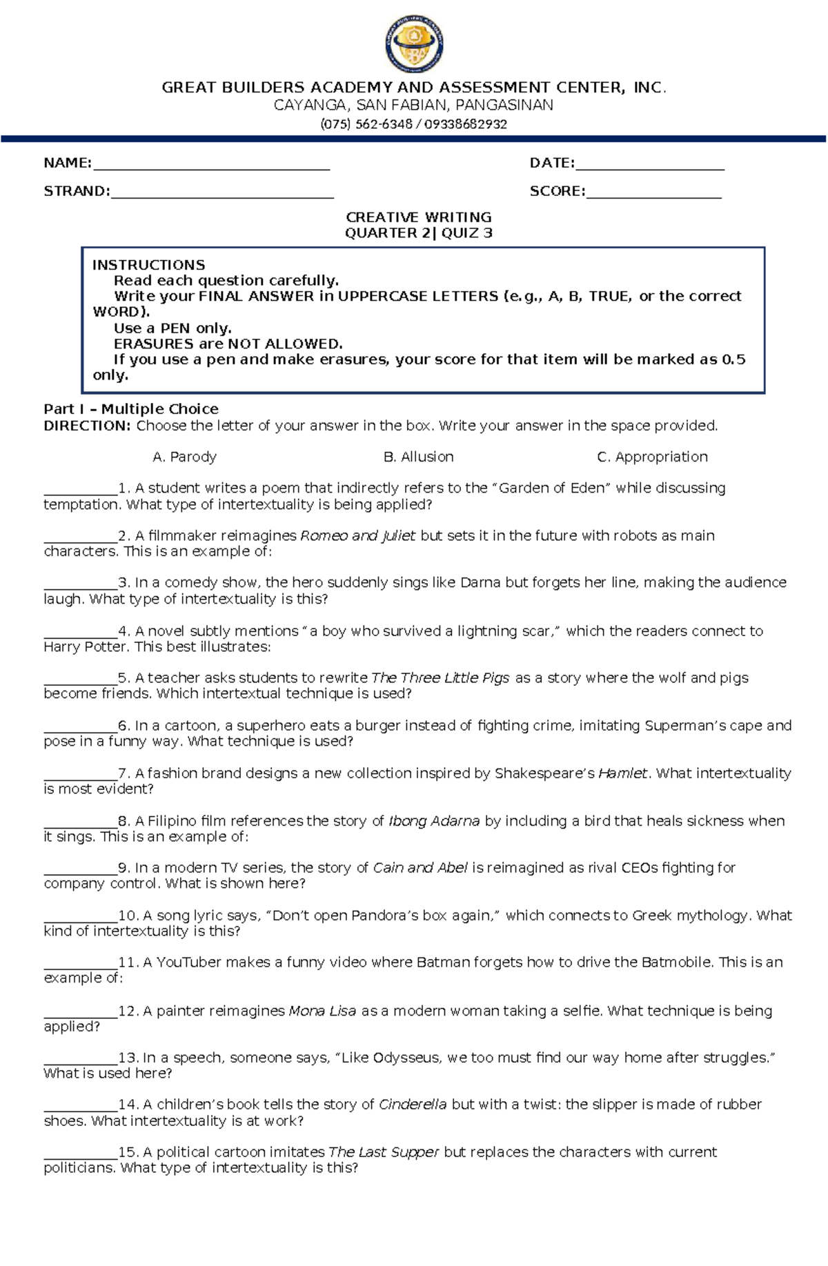 CREATIVE WRITING QUARTERLY QUIZ 3 (075) - GREAT BUILDERS ACADEMY - Studocu