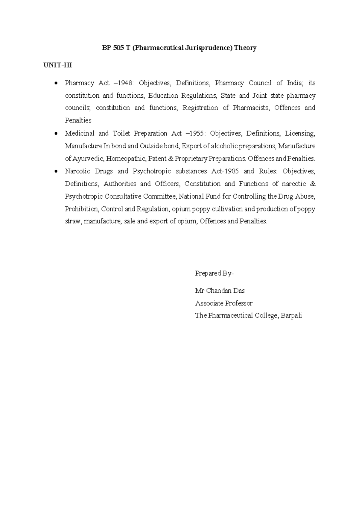 BP505T-PJ-UNIT III - BP505T-PJ-UNIT III - BP 505 T (Pharmaceutical Jurisprudence) Theory UNIT ...