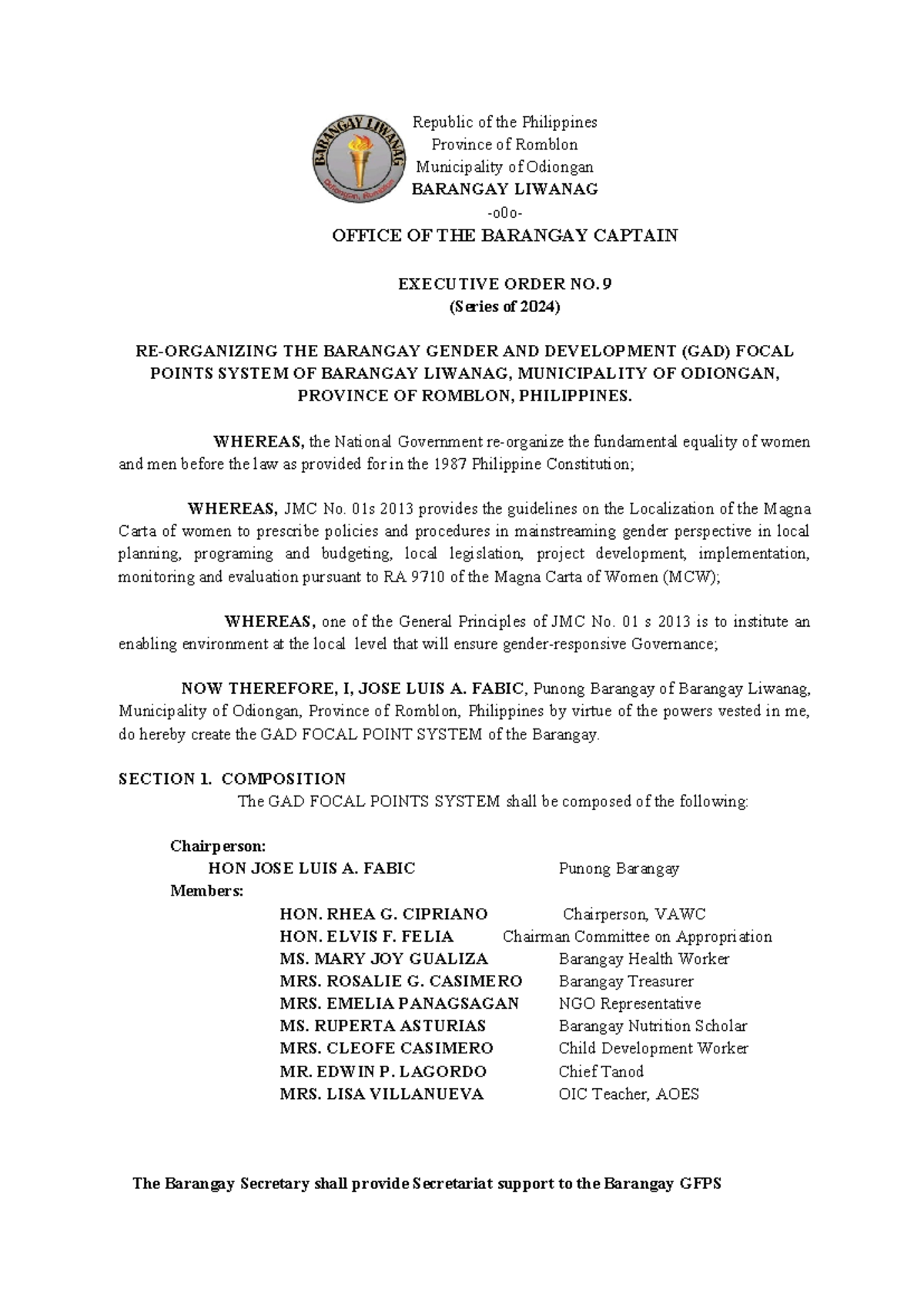 GAD-EO-9 - Gad Executive Order - Republic of the Philippines Province ...