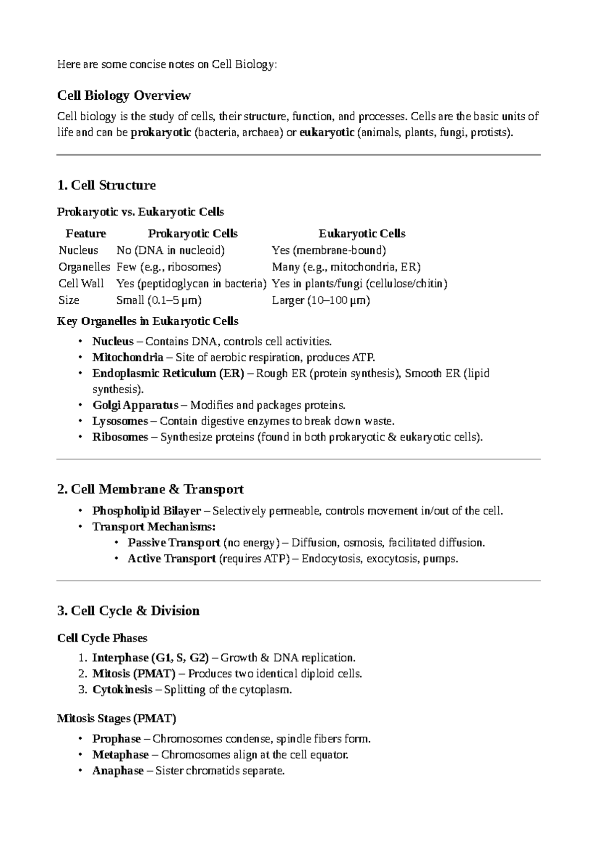 Cell Bio Notes: Structure, Function, and Processes Overview - Studocu