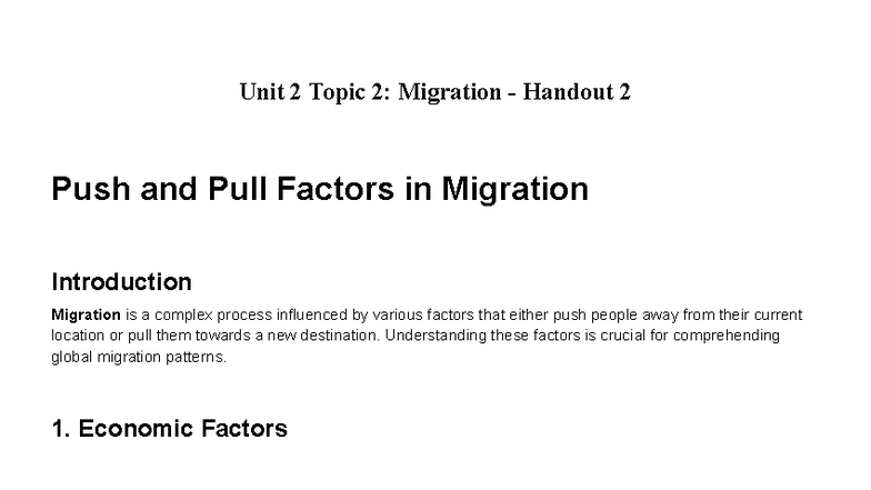 Unit 2 Topic 2: Migration - Analyzing Push and Pull Factors - Studocu