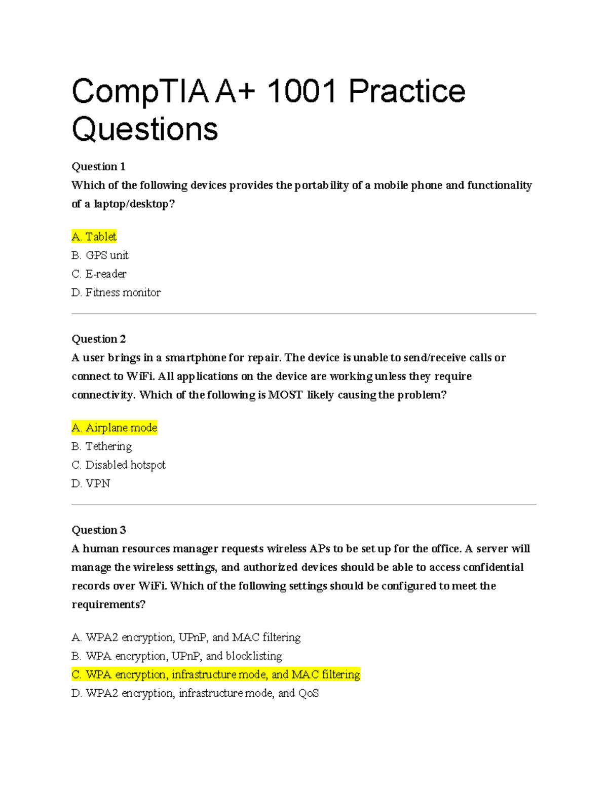 CompTIA 1001, 1002, 1101 Practice Questions & Answers Guide - Studocu
