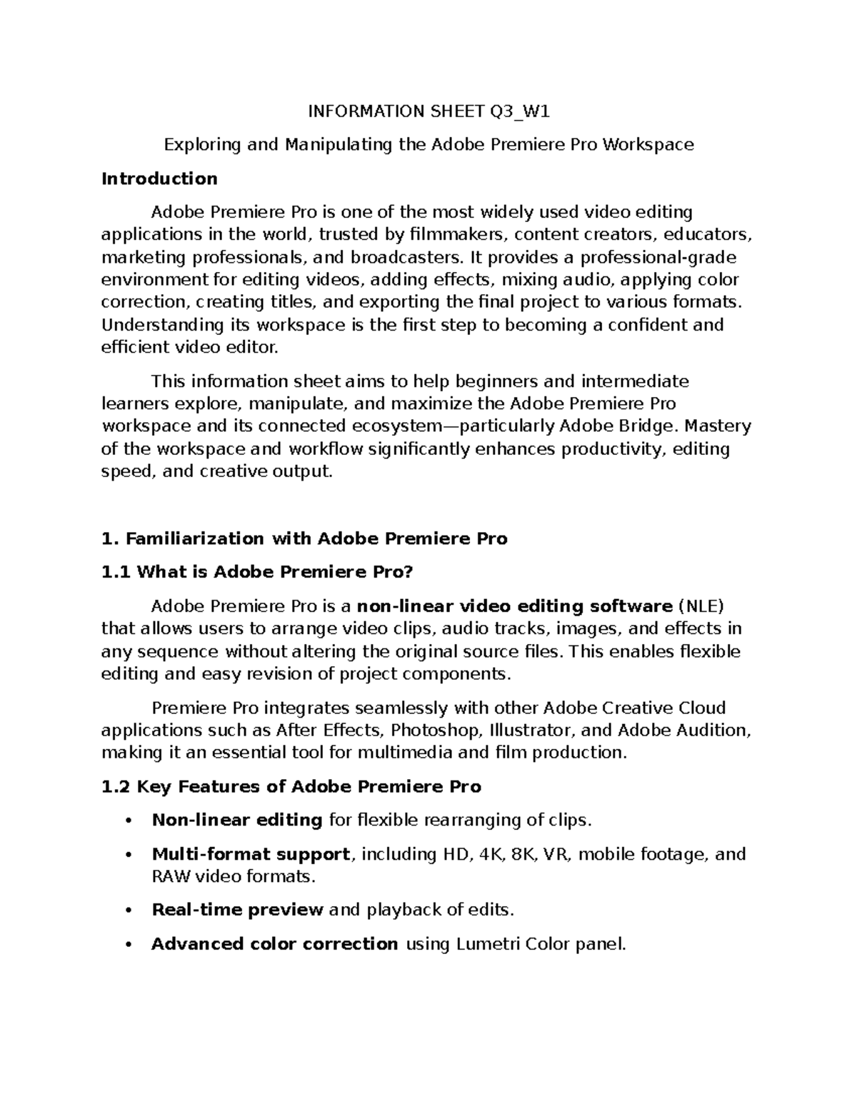 Adobe Premiere Pro Workspace Guide: Q3 W1 Information Sheet - Studocu