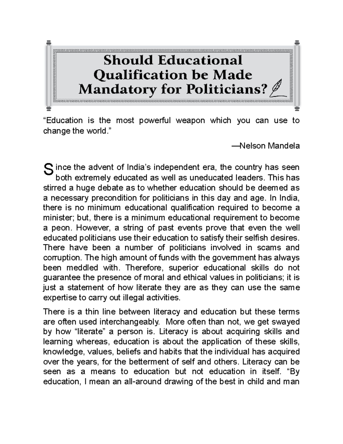 Essay topic Should education qualification be made Mandatory for ...