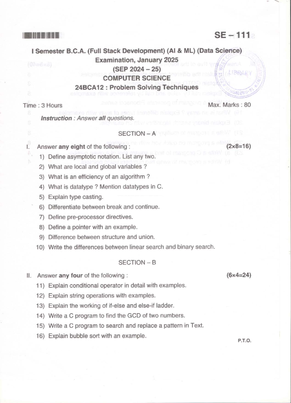 24BCA12: Problem Solving Techniques Exam Guide - Jan 2025 - Studocu