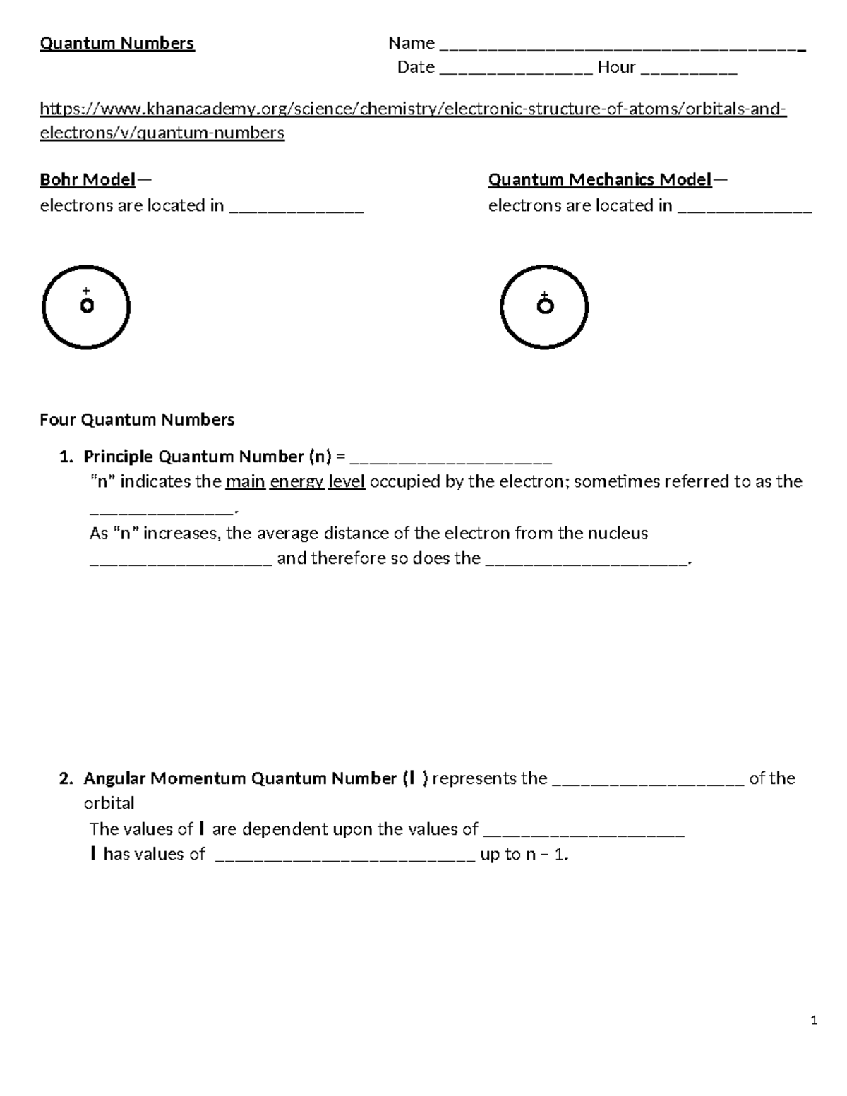 Quantum Numbers Worksheet (WS) – Key Concepts and Definitions - Studocu