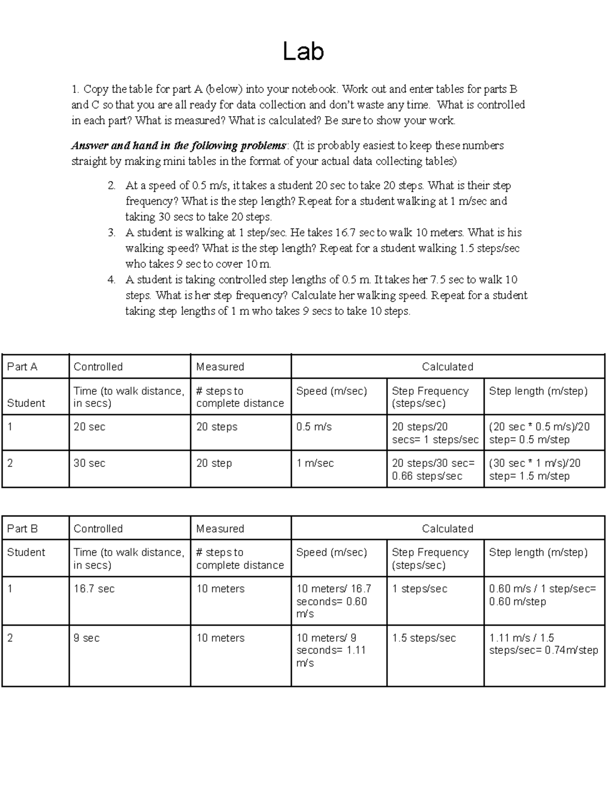 Walking Prelab - Lab 1 Notes: Data Collection & Calculations - Studocu