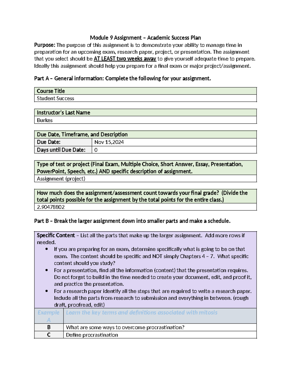 Module 9 Assignment - Academic Success Plan for Student Success - Studocu