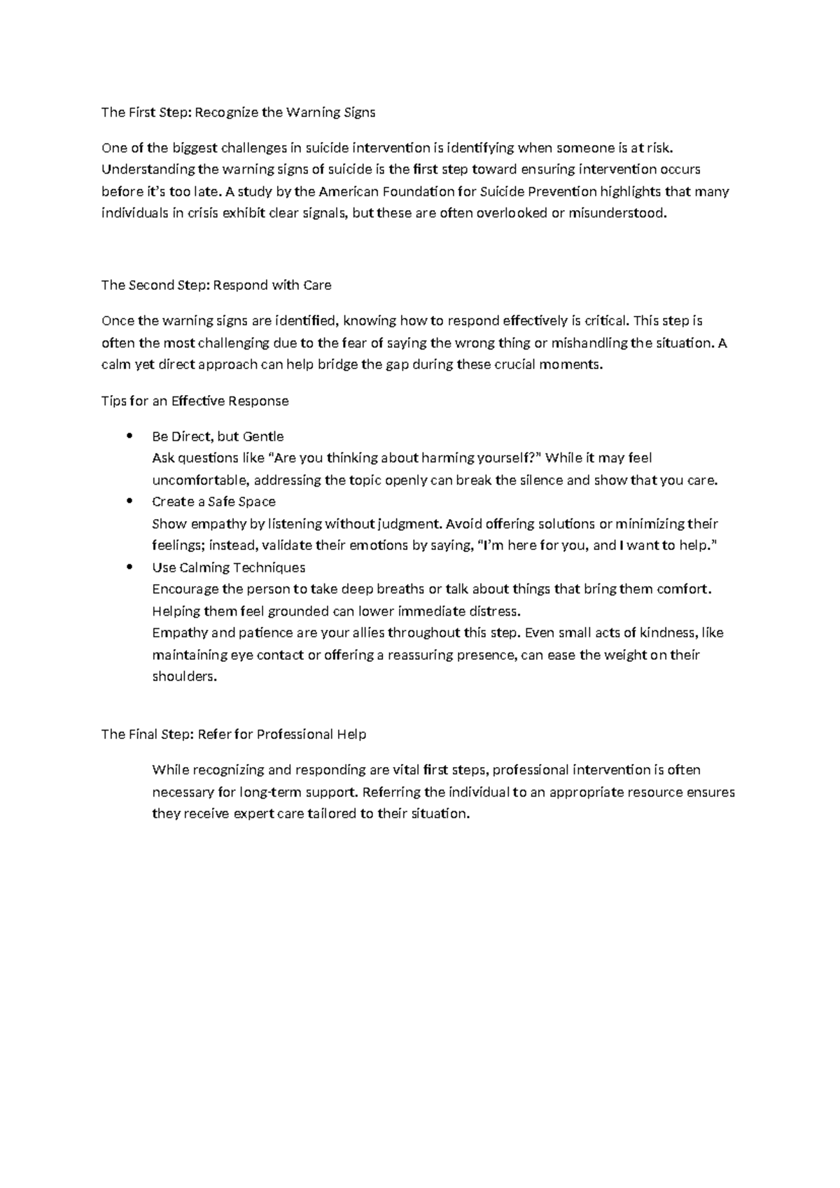 Steps of Suicide Prevention: Recognizing and Responding to Risks - Studocu