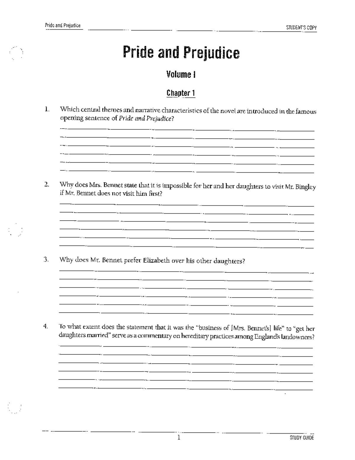 Pride and Prejudice (ENG 101) Chapter Questions Study Guide - Studocu