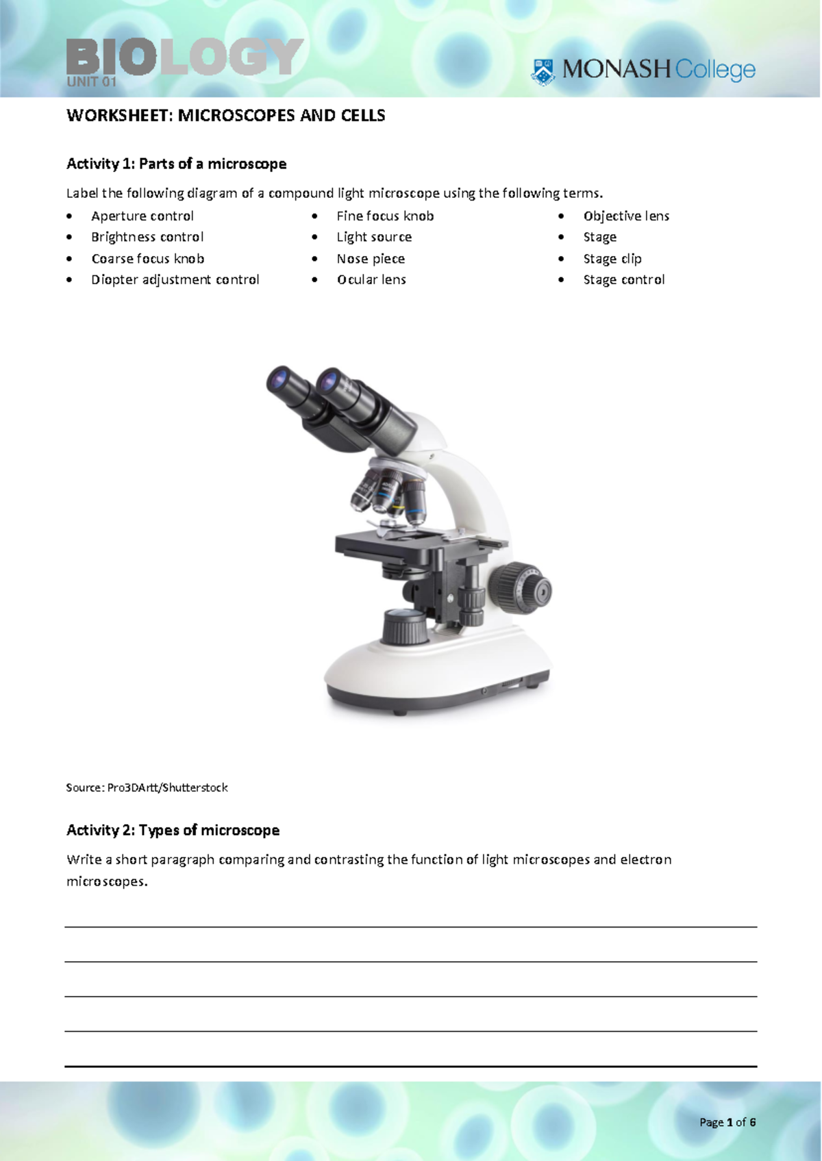 Worksheet microscopes and cells copy - 1 BIOLOGY UNIT 0 1 WORKSHEET ...