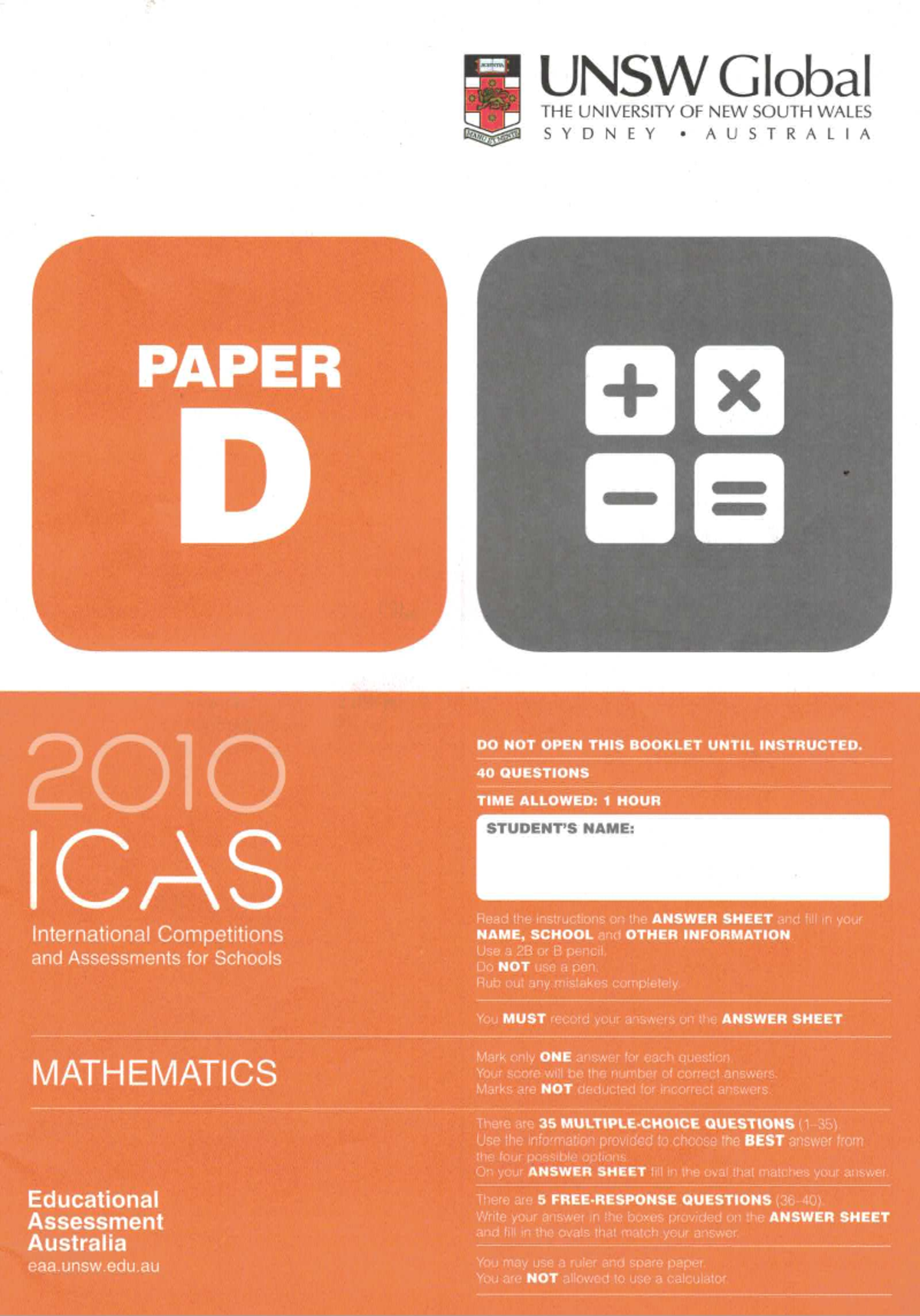 Maths D 2010 ICAS International Competitions Answer Key - Studocu
