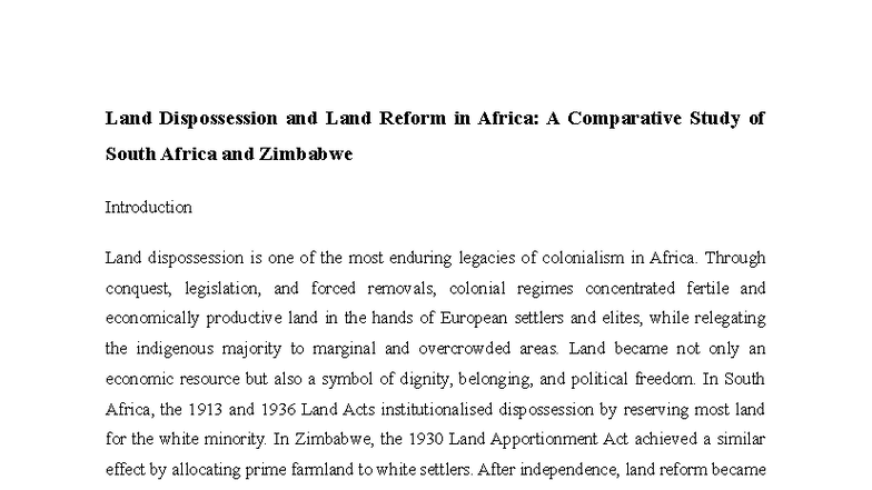 Land Dispossession & Reform in Africa: SA vs. Zimbabwe Analysis - Studocu