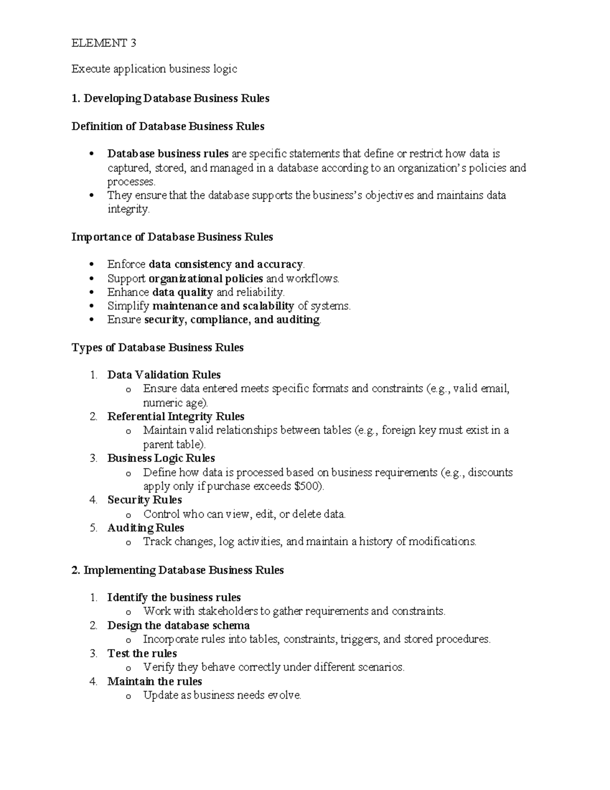 Element 3: Execute Application Business Logic & Database Rules - Studocu