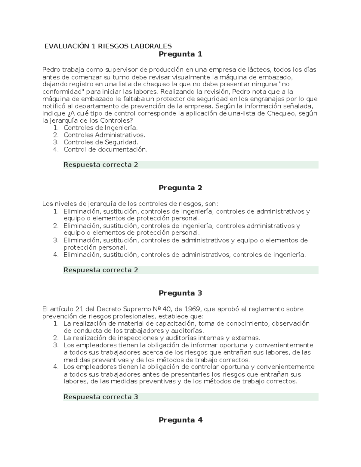 Evaluación 1 RIESGOS LABORALES: Preguntas y Respuestas Clave - Studocu