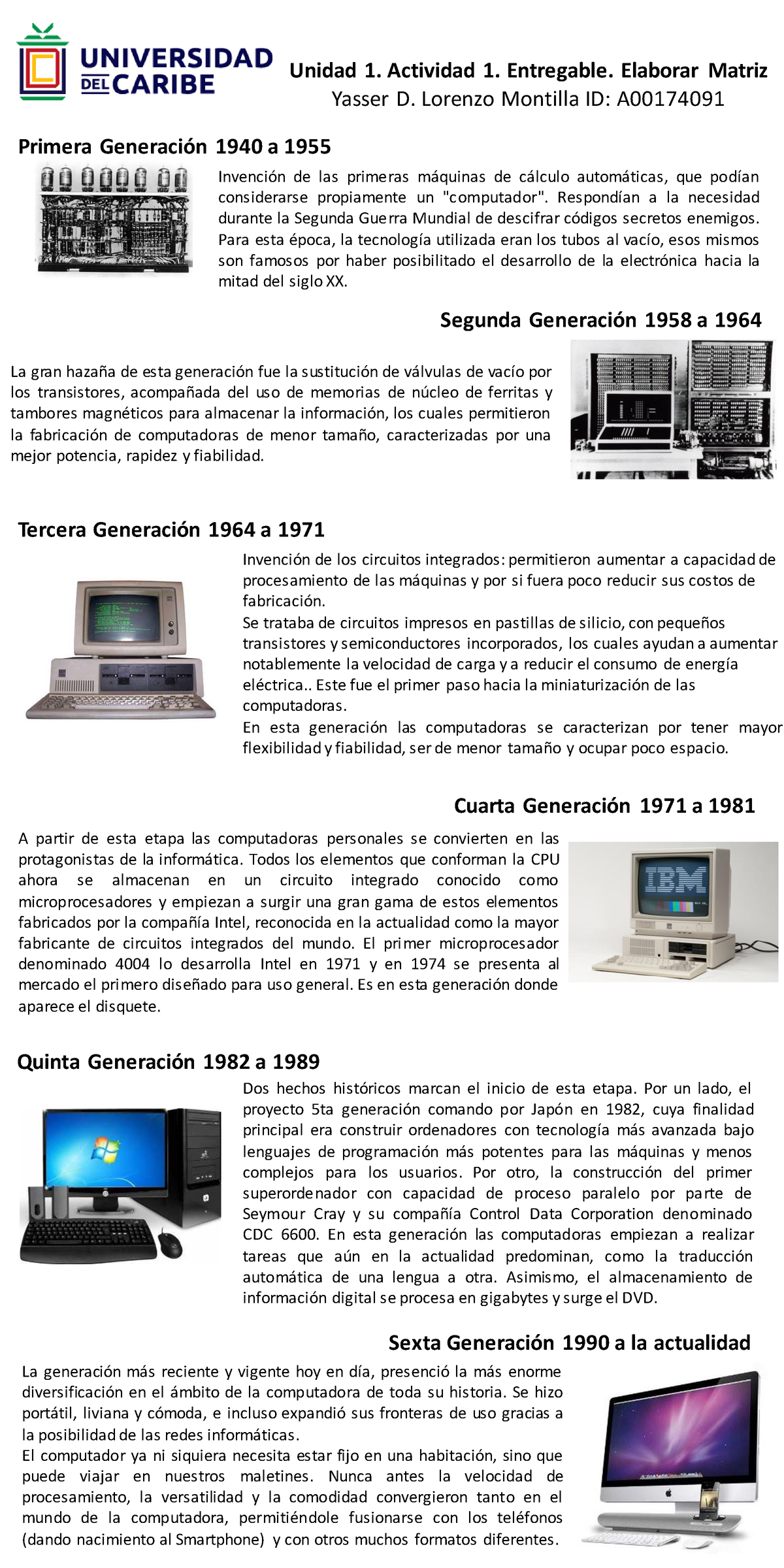 Unidad 1: Matriz de Evolución de Computadoras (1940-Actualidad) - Studocu