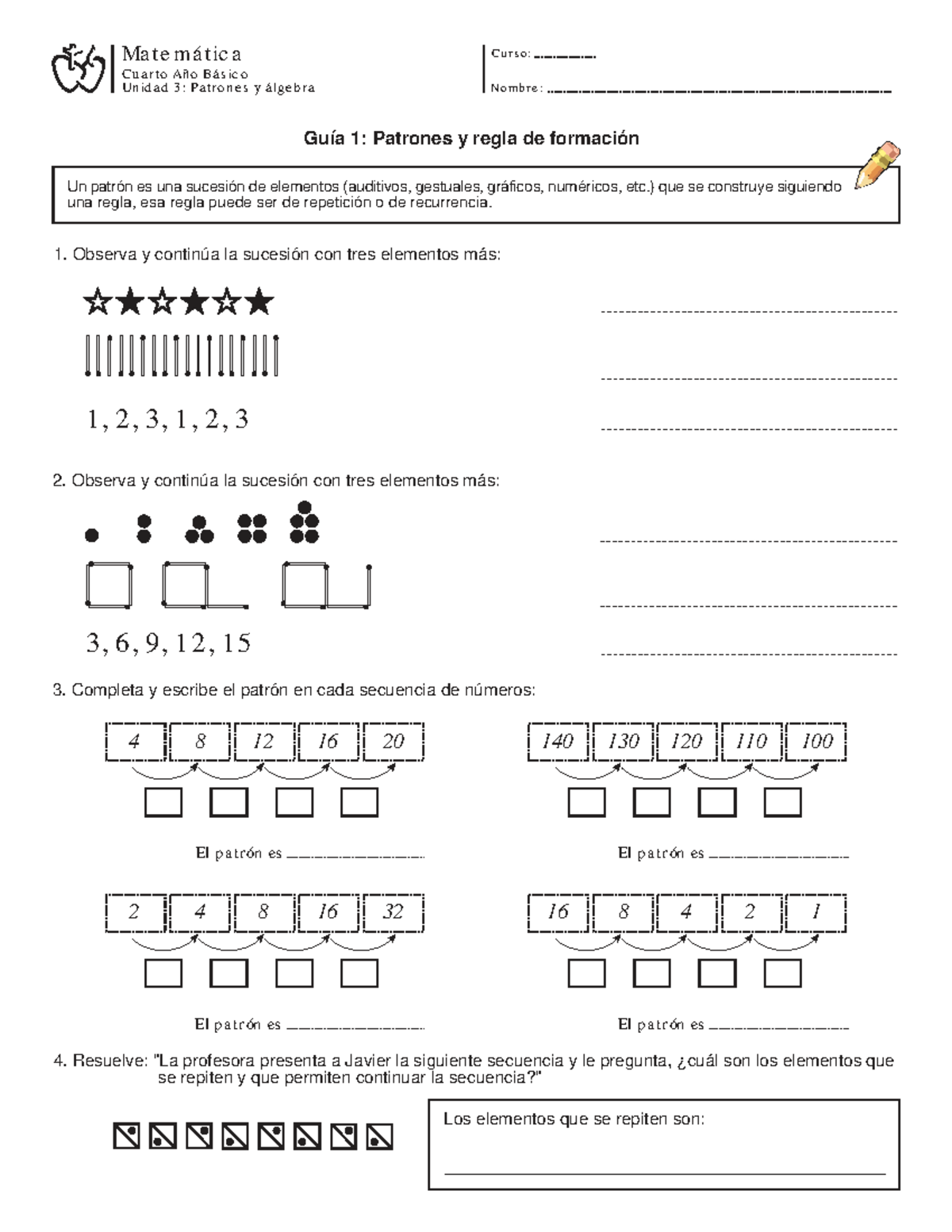 Matemática 4° Básico: Guías Unidad 3 - Patrones y Álgebra - Studocu