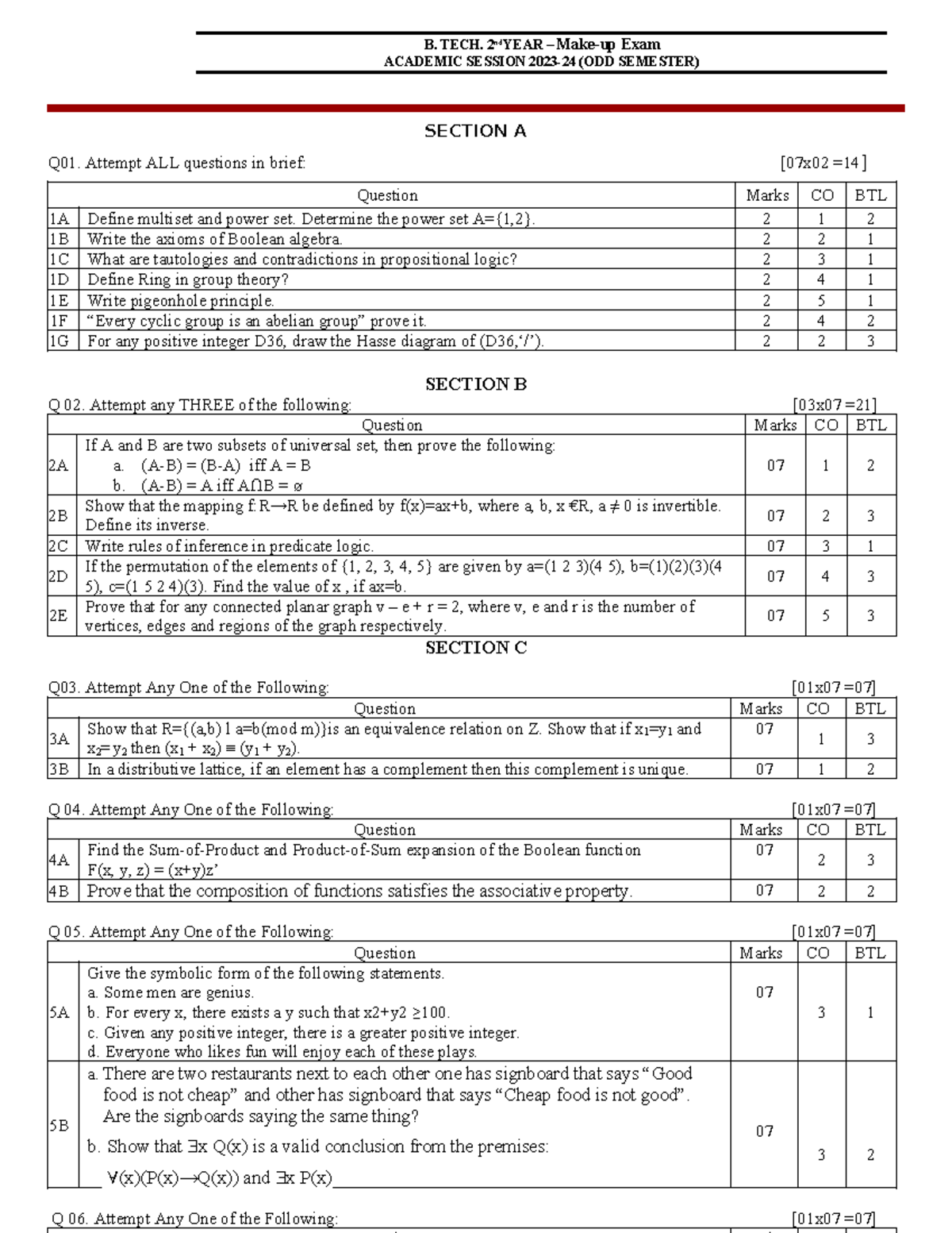 B. TECH. 2nd Year Discrete Mathematics Make-up Exam 2023-24 - Studocu