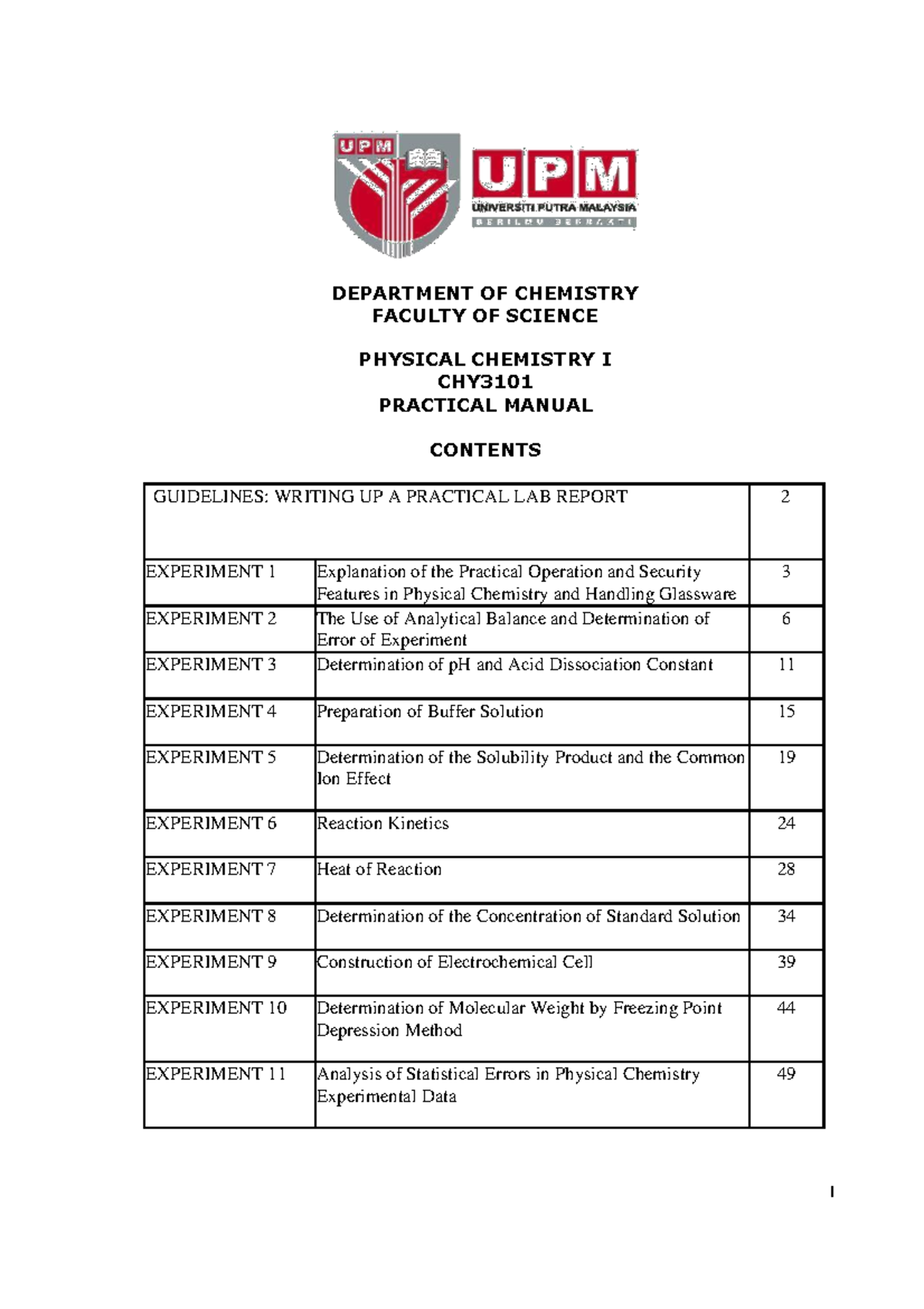 CHY3101 Practical Manual: Guidelines for Chemical Experiments - Studocu