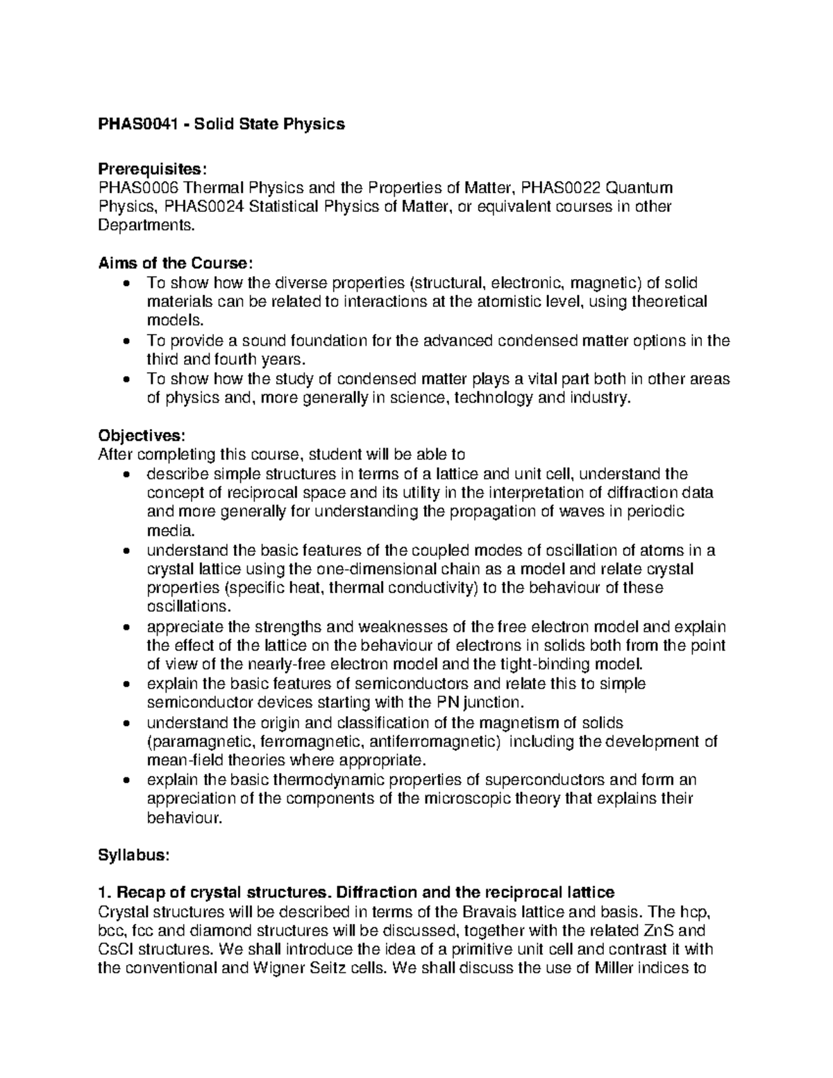PHAS0041 Solid State Physics Syllabus Overview and Key Concepts - Studocu