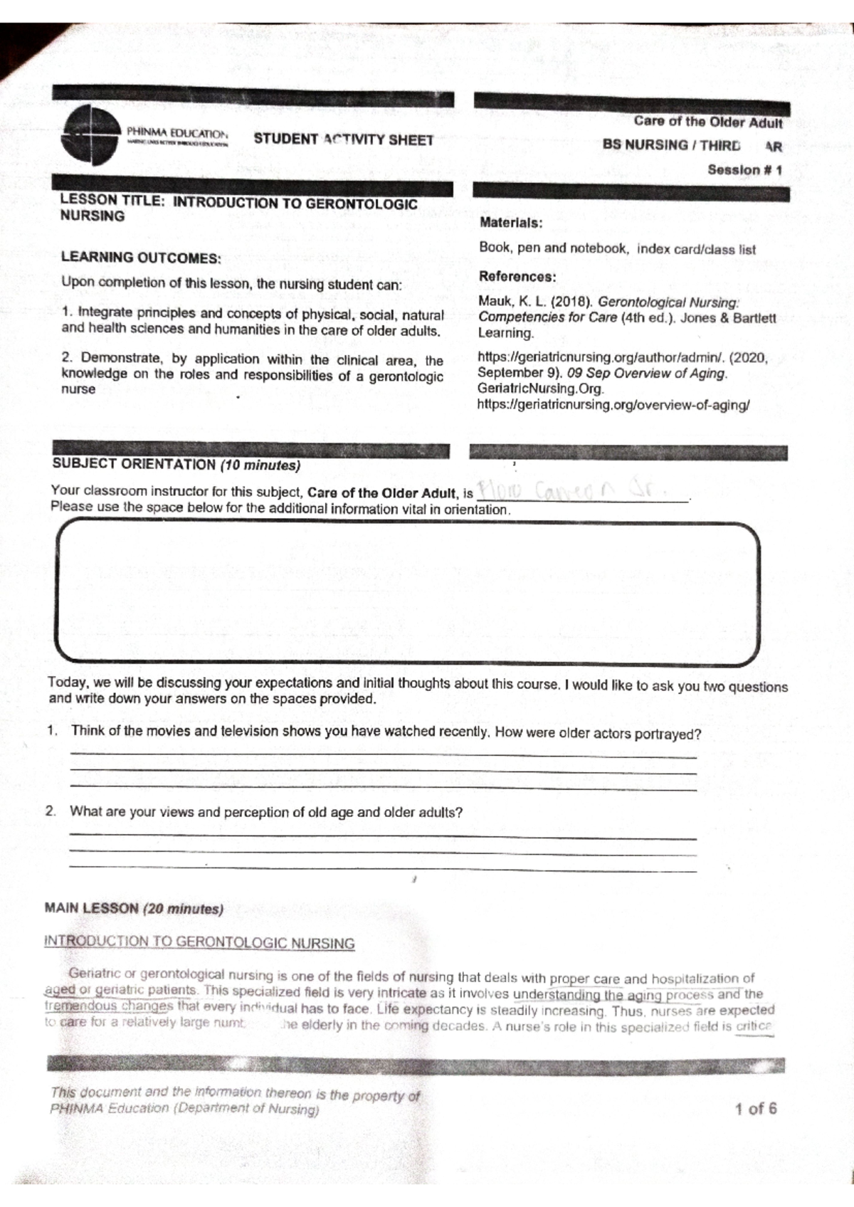 Geron 101: Intro to Gerontologic Nursing Lesson Notes (BS Nursing ...
