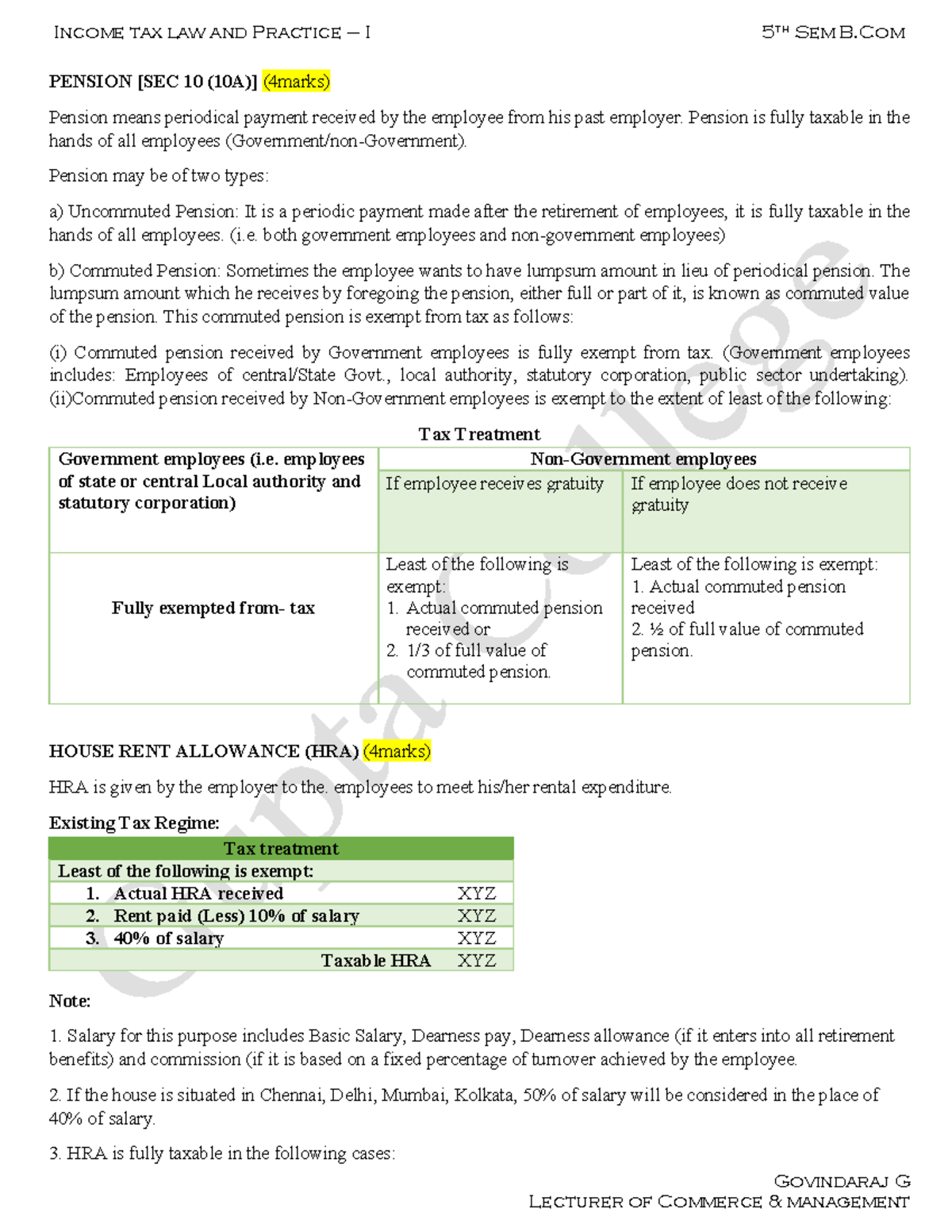 Income Tax Law & Practice I - 5th Sem B.Com - Pension & Allowances ...