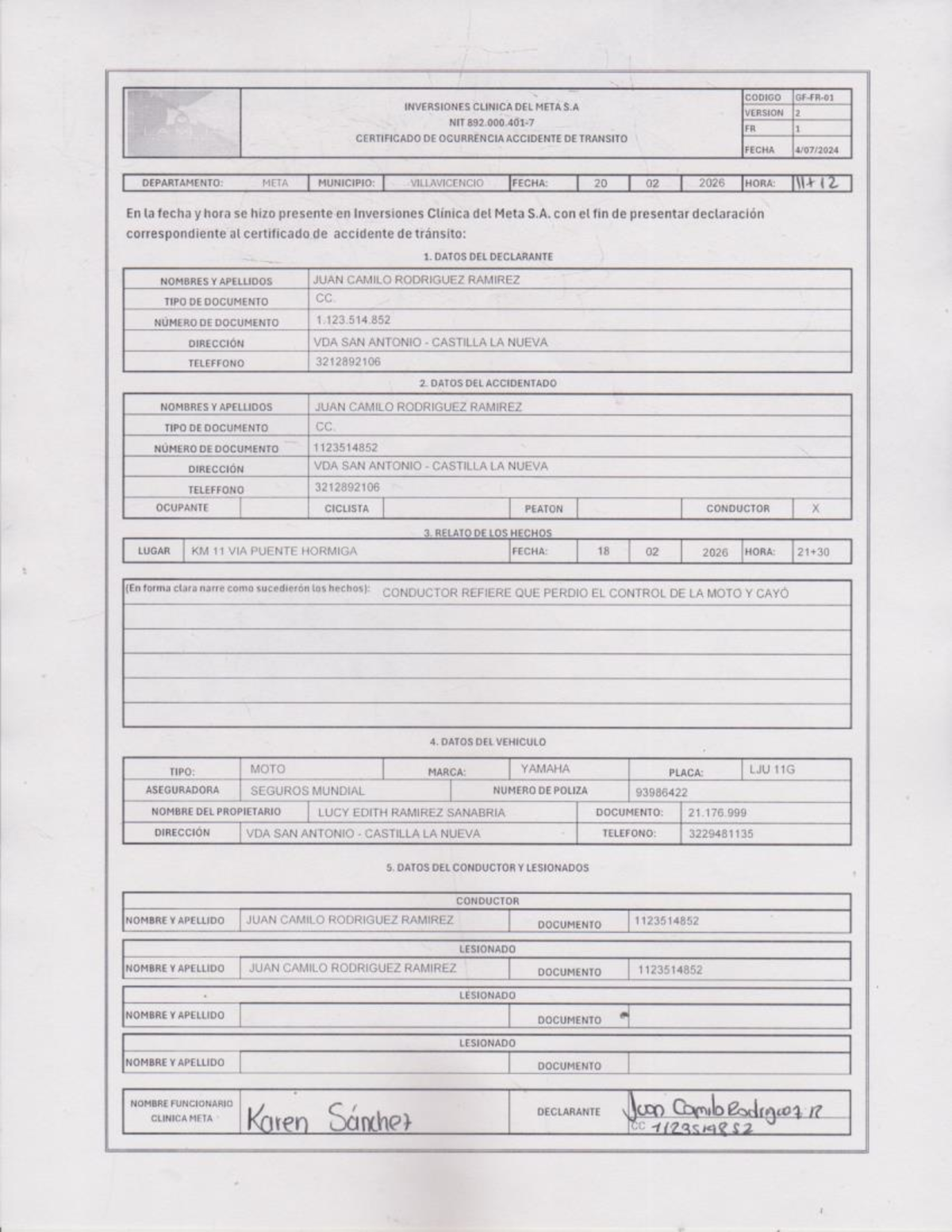 Certificado de Ocurrencia de Accidente de Tránsito - GF-FR-01 - Studocu