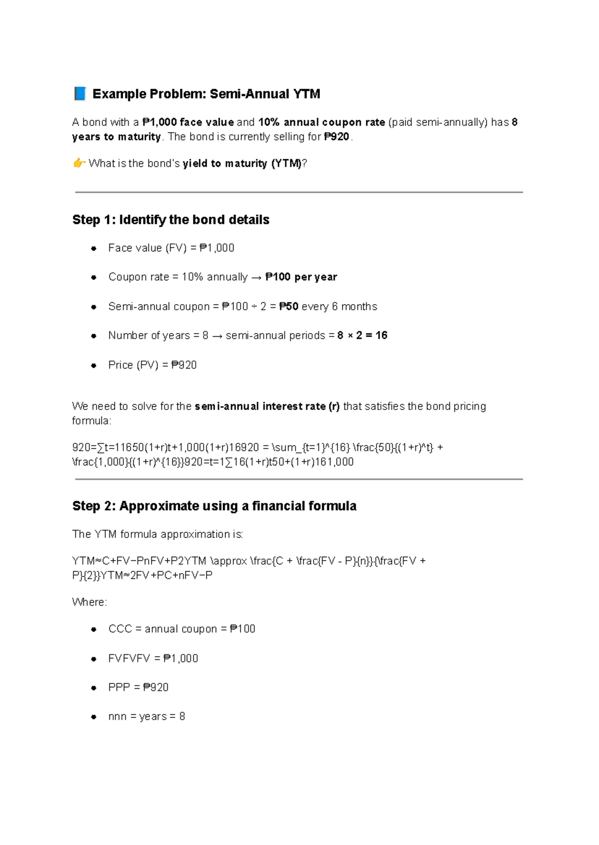Example Problem: Semi-Annual YTM Calculation for Bonds - Studocu