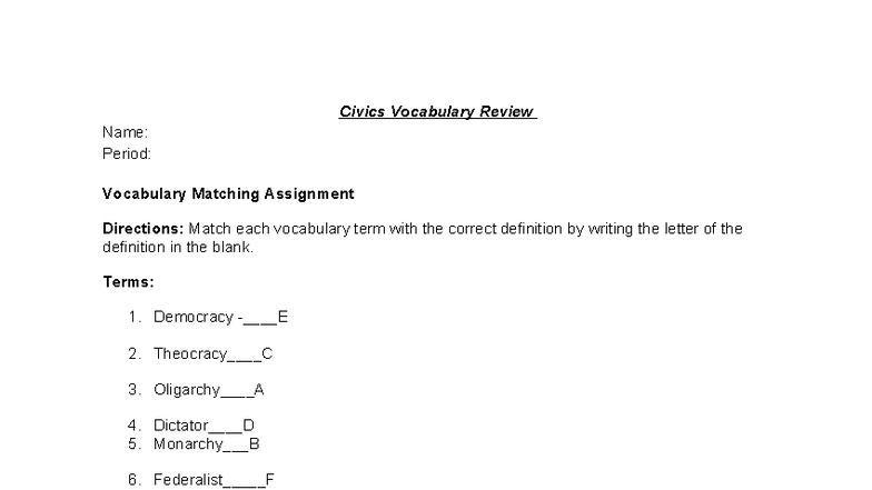 Key-Civics Vocabulary Matching Assignment Review - Studocu