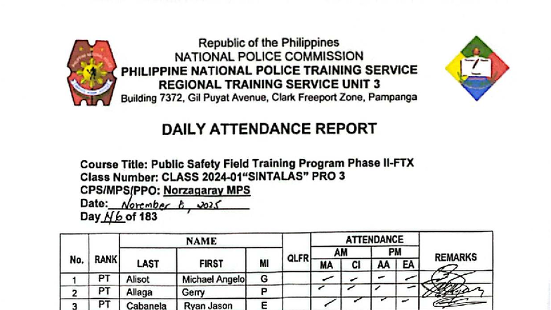 Daily Attendance Report - Public Safety Field Training Program (CLASS ...