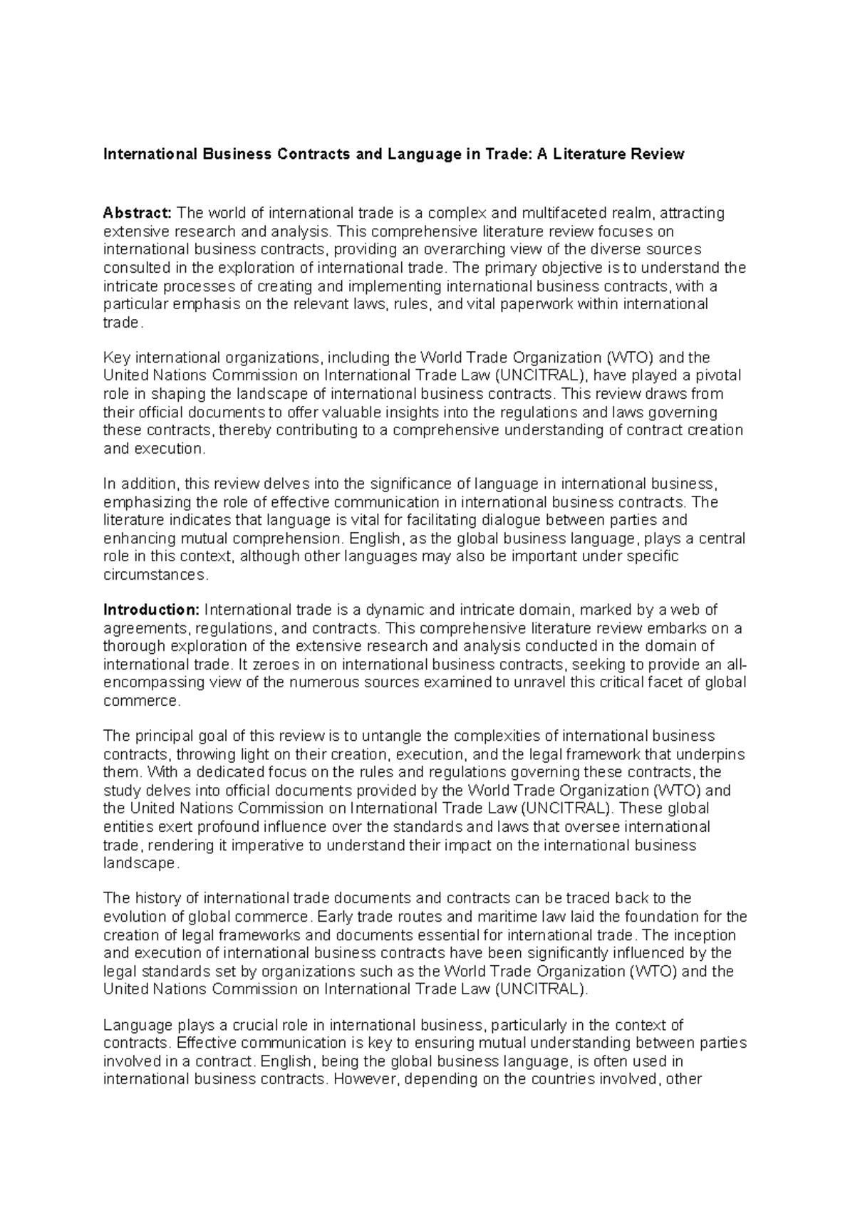 INTB 301: Literature Review on Intl Business Contracts & Language - Studocu