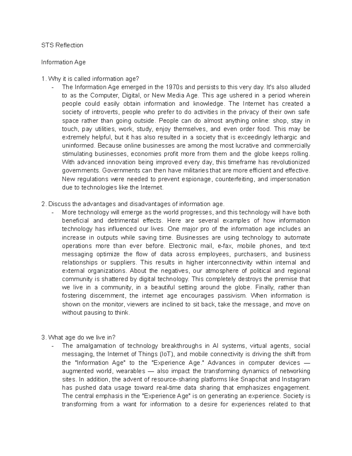 STS 101 Reflection Paper: Understanding the Information Age - Studocu
