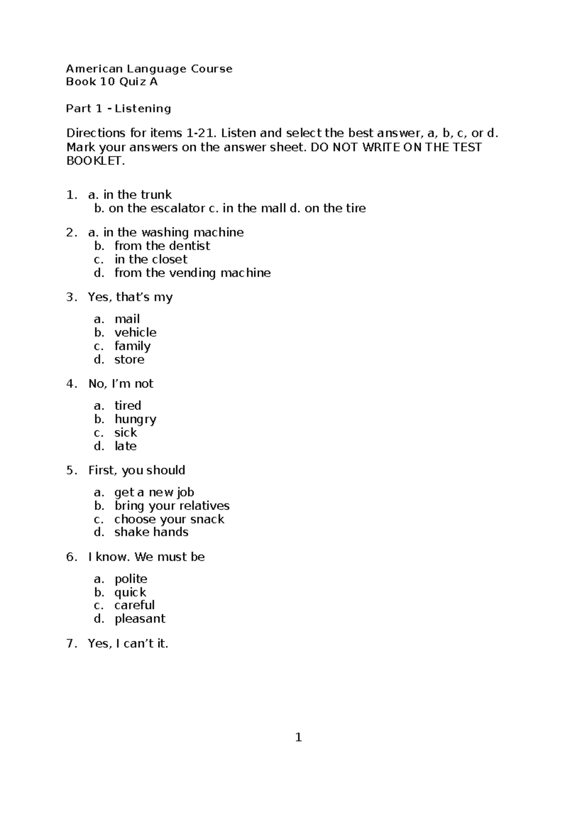American Language Course Book 10 Quiz A: Listening Directions - Studocu