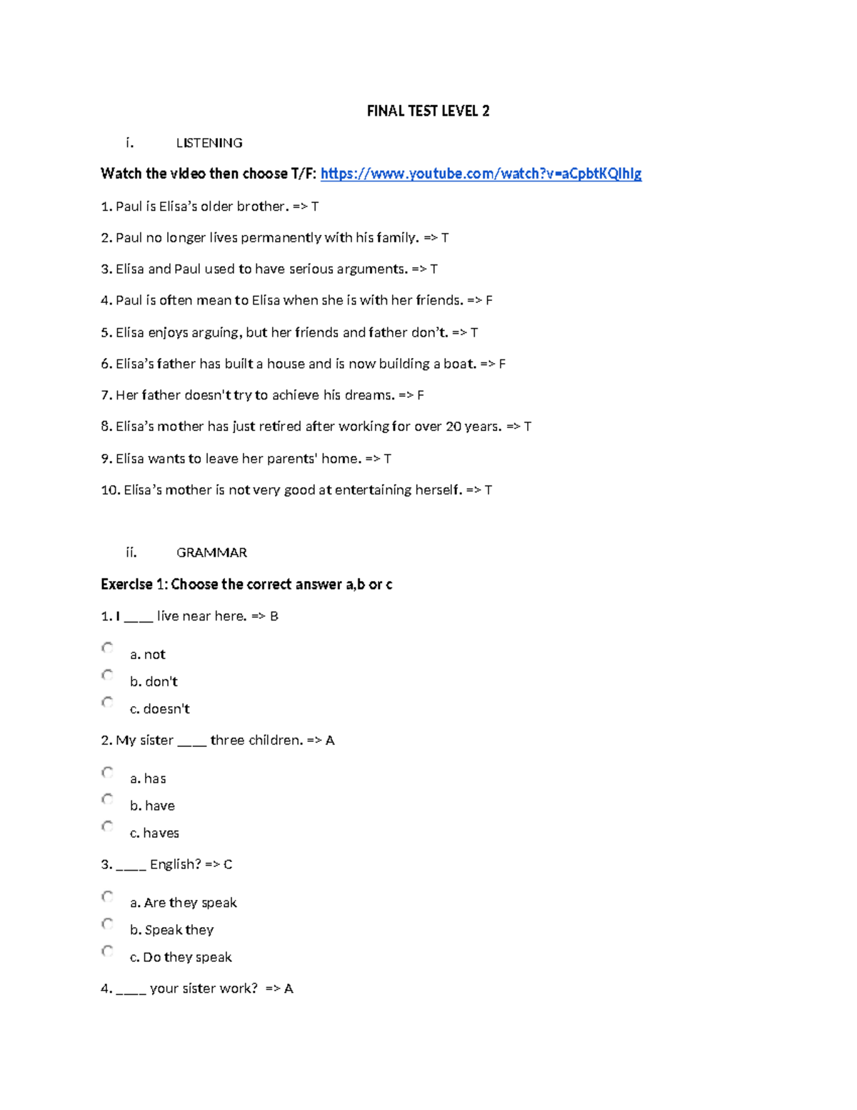 Final Test Level 2 Listening Grammar Vocabulary Exercises Studocu