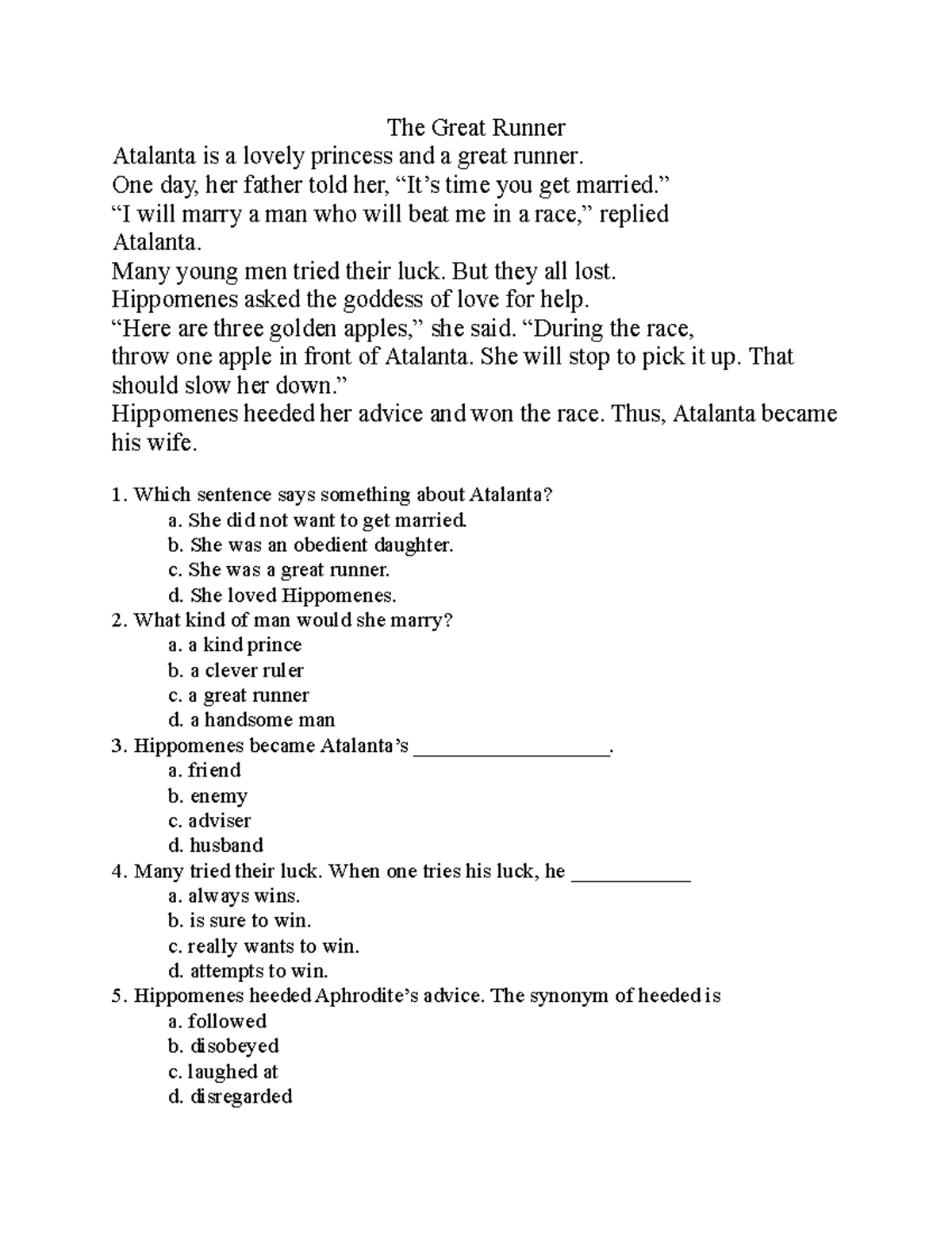 Notes - The Great Runner (Atalanta's Story) Insights and Q&A - Studocu