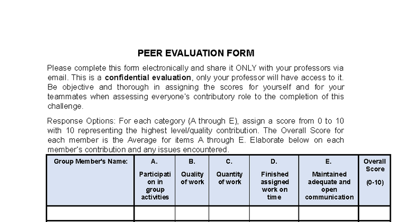 EKN 325 Peer Evaluation Form for Group Project Assessment - Studocu