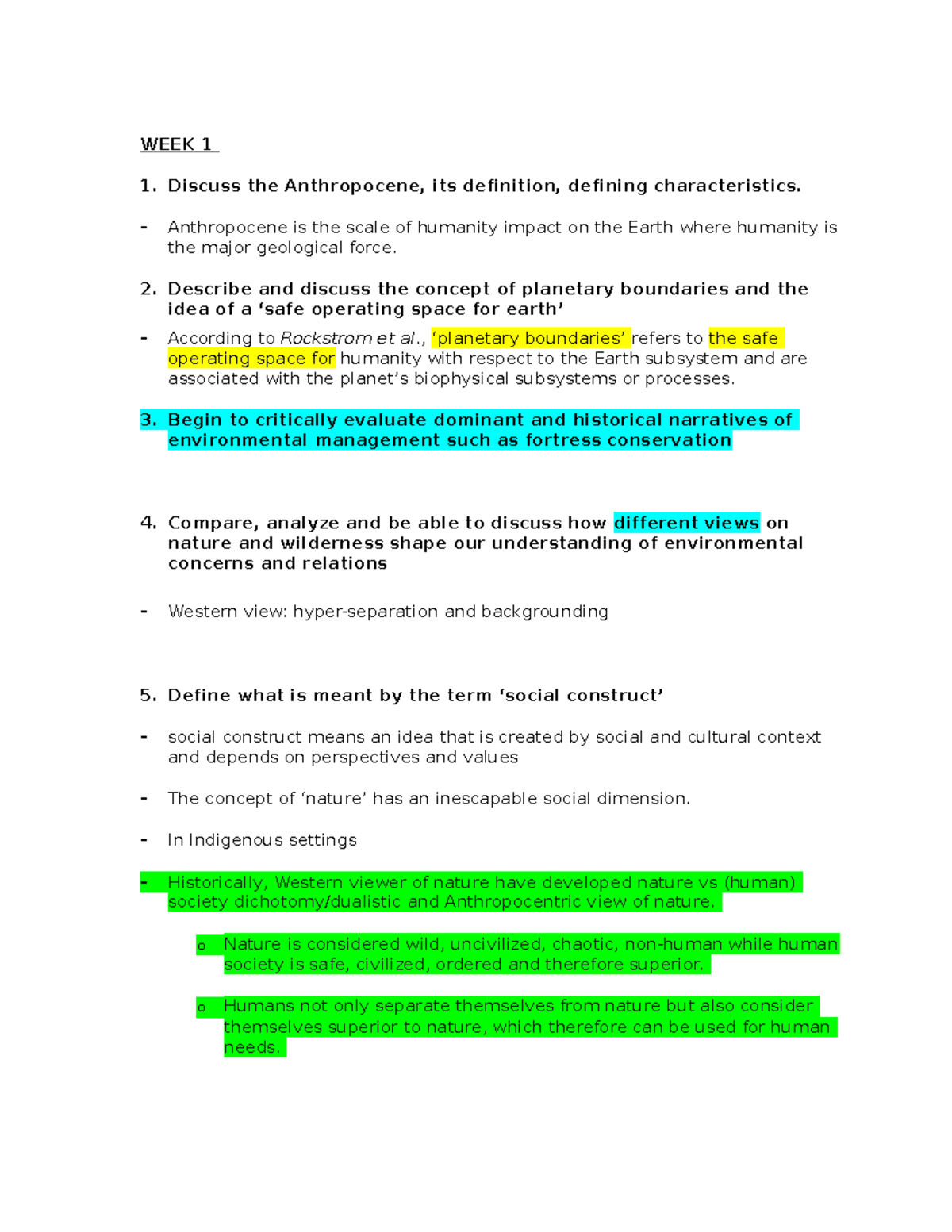 Midterm 1 Practice Questions on Anthropocene and Nature Views - Studocu