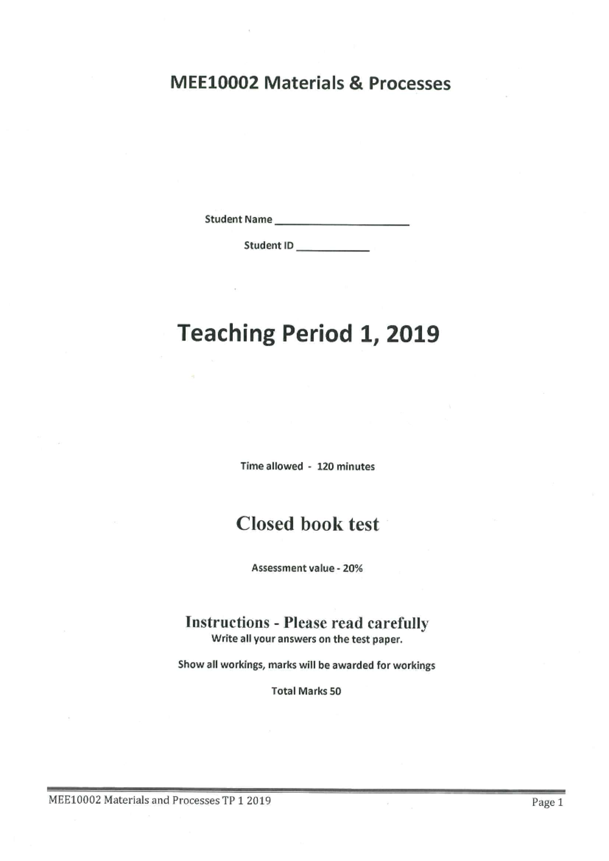 Materials and Processes TP 1 2019: Test Marking Scheme - Studocu