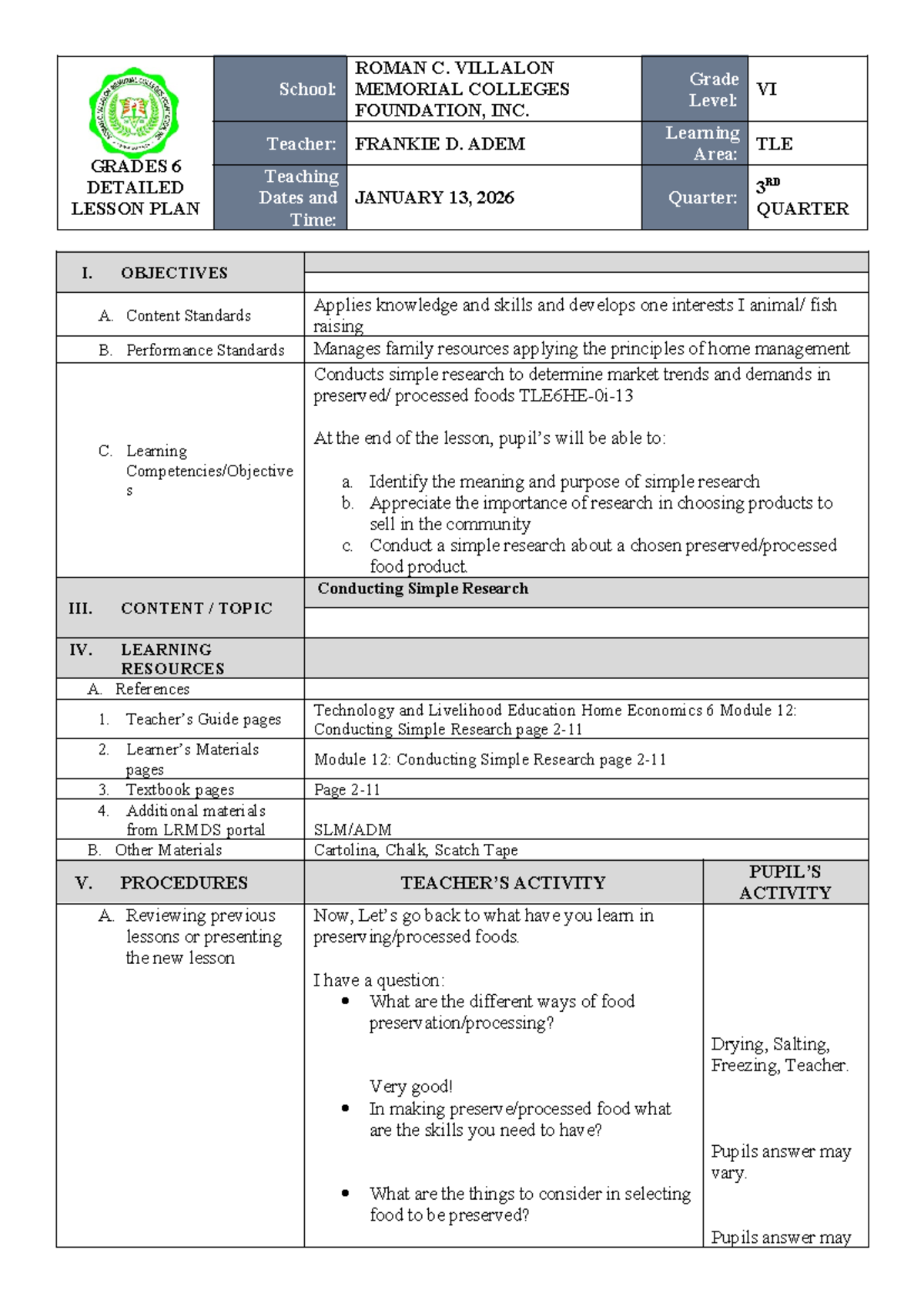 TLE 6 Detailed Lesson Plan: Conducting Simple Research - Studocu