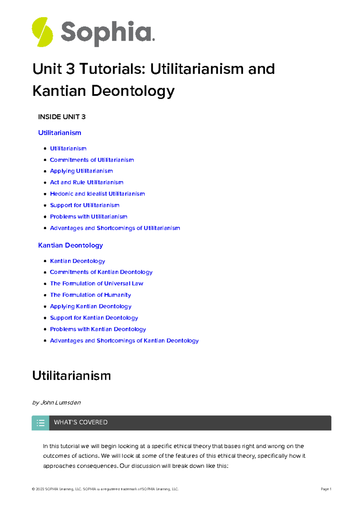 Unit 3: Tutorials on Utilitarianism & Kantian Deontology Insights - Studocu