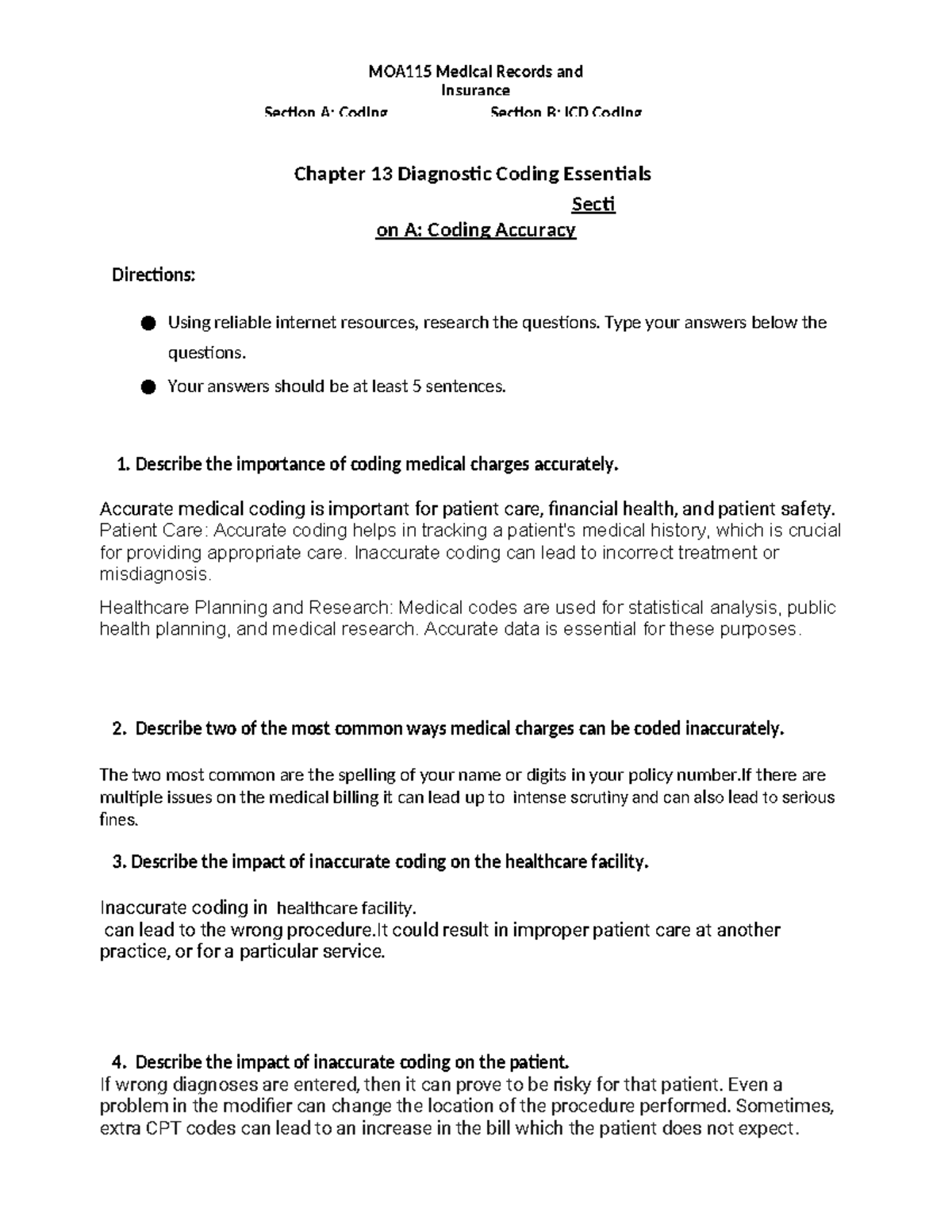 Week 2 Assignment Worksheet 15e - Insurance Section A: Coding Section B: ICD Coding Chapter 13 ...